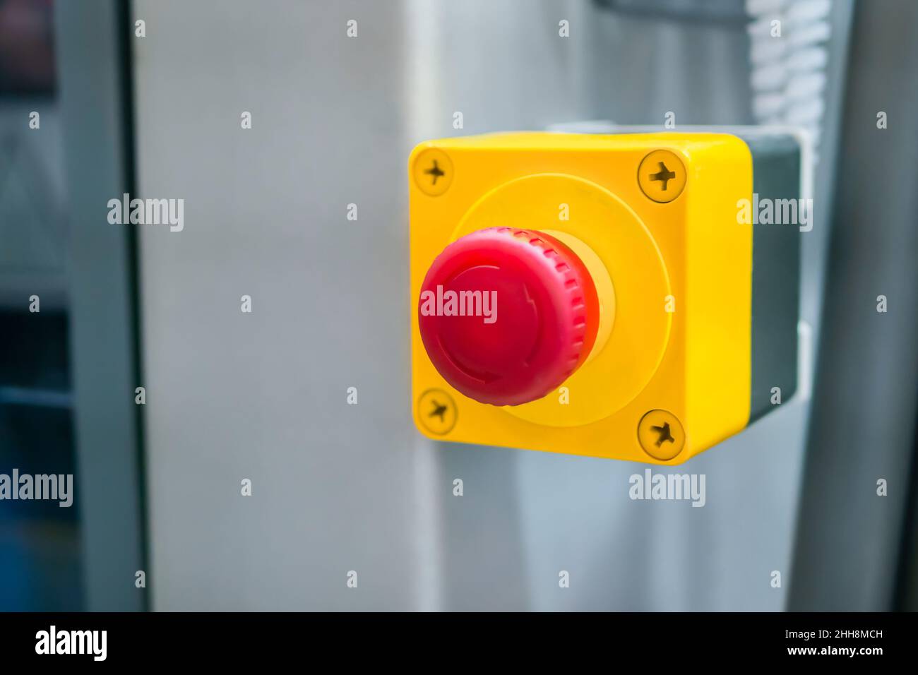 Machine control panel with red switch button - emergency stop at ...
