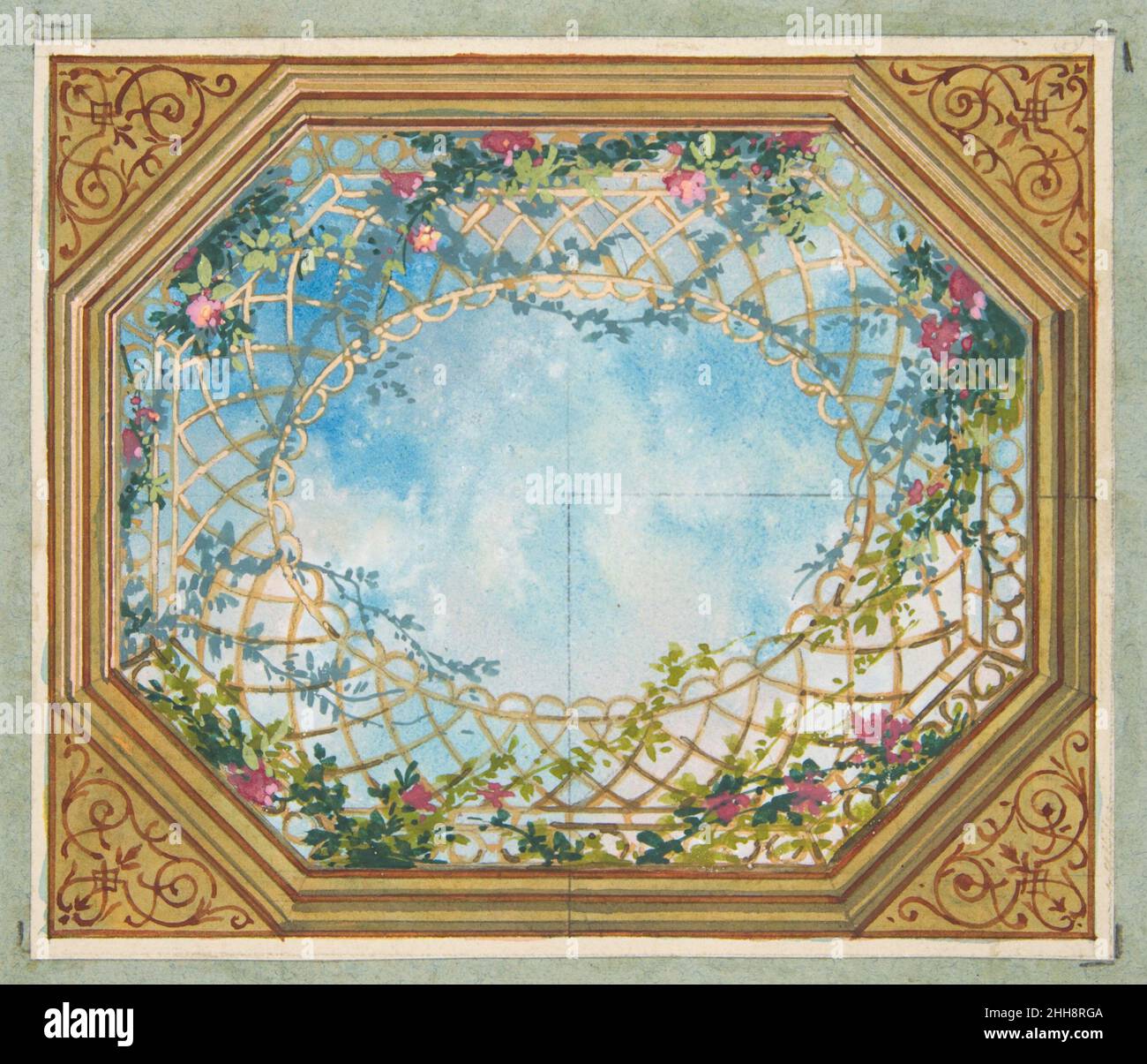 Design for a ceiling painted with clouds, trellises, and roses second ...