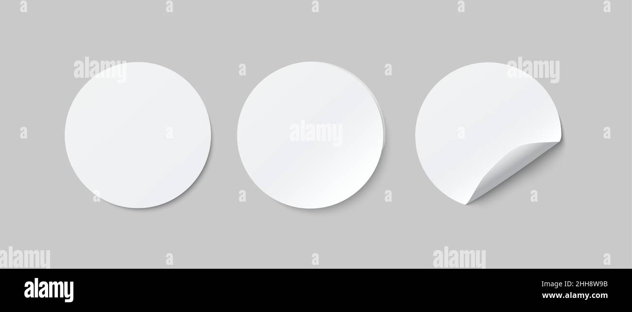 White paper round adhesive sticker set with a folded edges. Blank ...