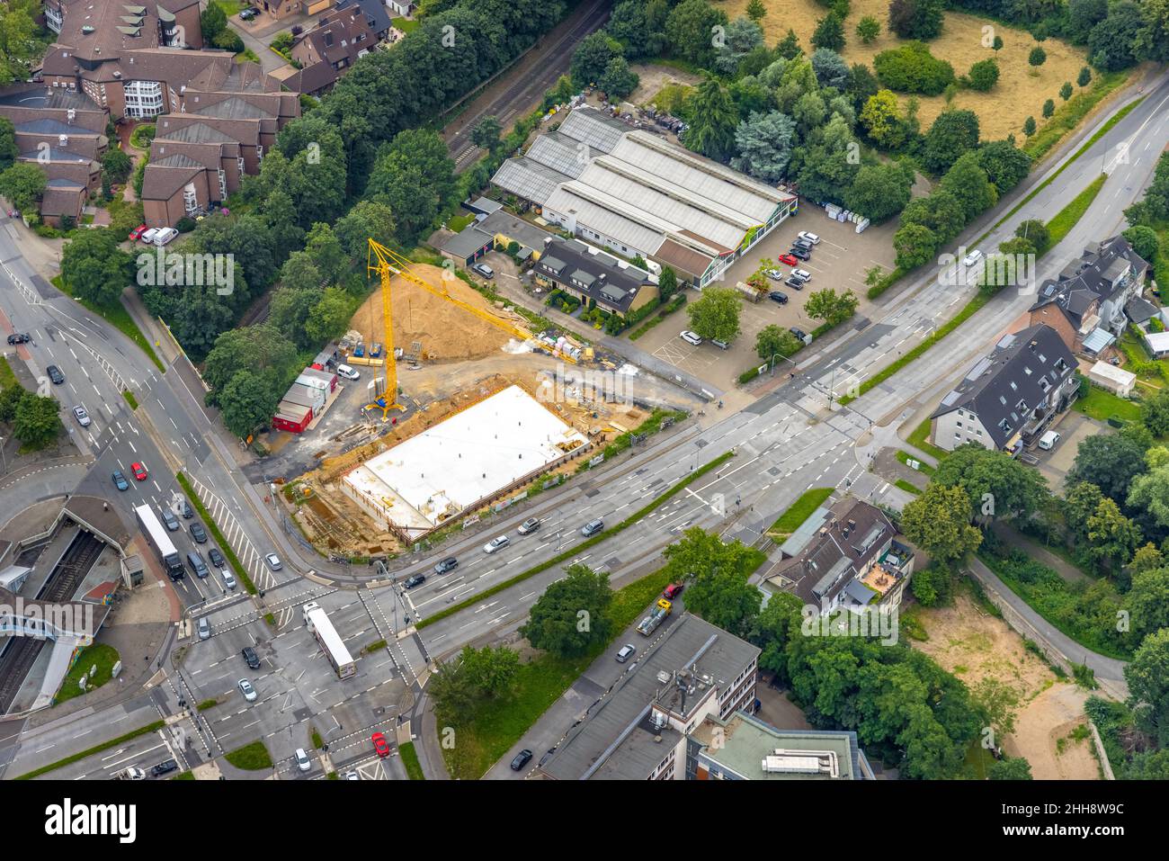 Aerial view, construction site and new building at the intersection of ...