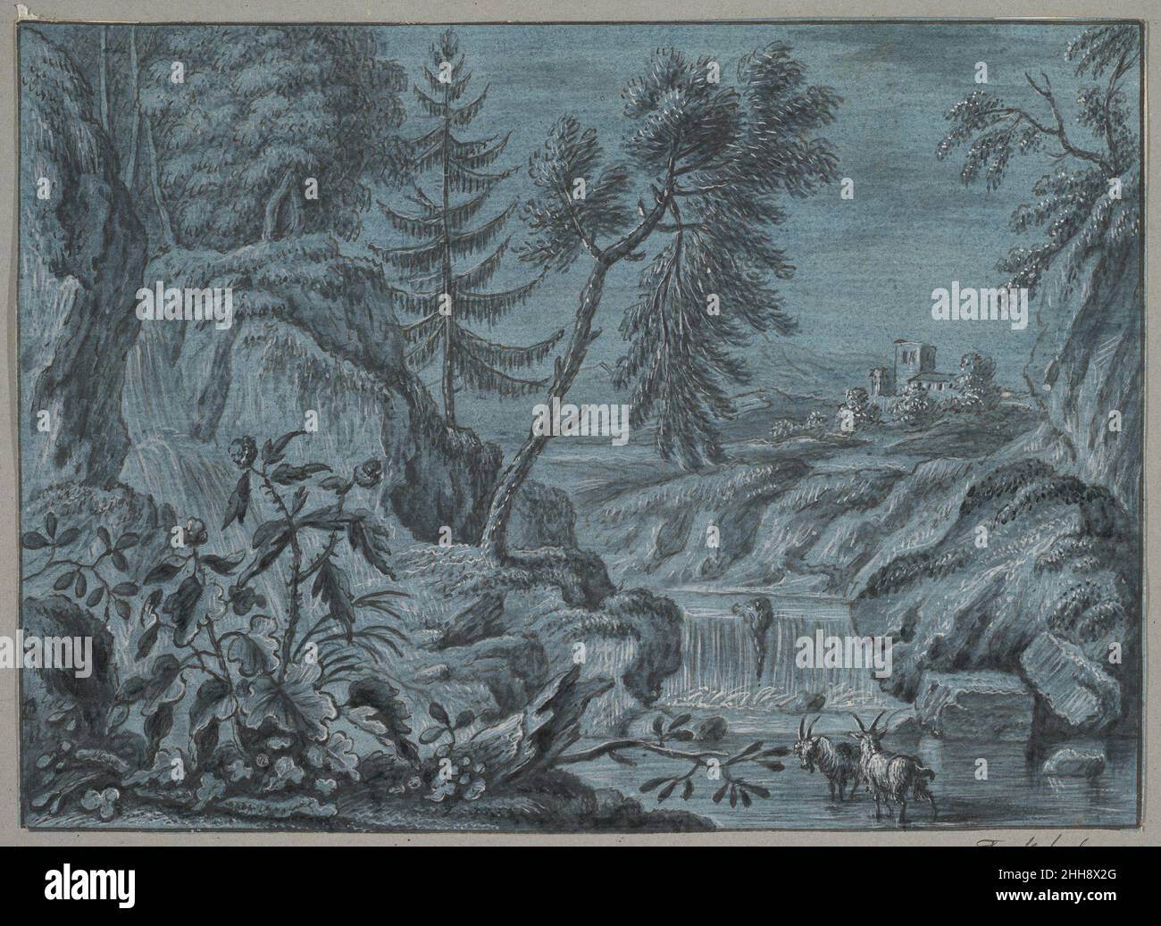 Southern Landscape with a Waterfall and Goats late 18th century Attributed to Ferdinand Kobell ...