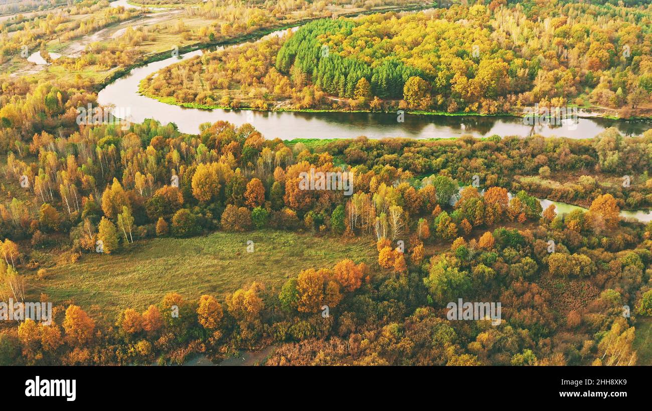 4K Aerial View Of Autumn River Coasts Landscape. Top View Of Beautiful ...