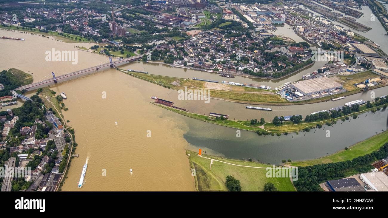 Aerial view, flood river Rhine, Ruhr estuary into the Rhine, Friedrich ...