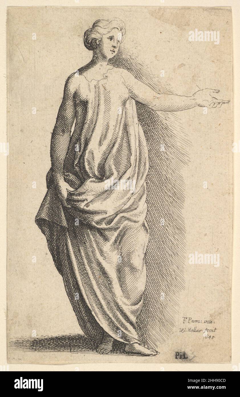 Standing female figure in loose classical robe, with arm outstretched ...