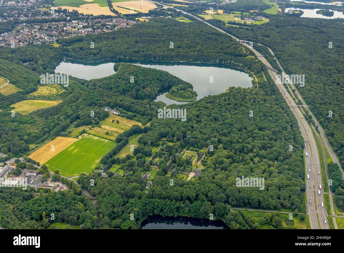 Aerial view, forest lake, Baerl, Duisburg,city border Moers, Ruhr area ...