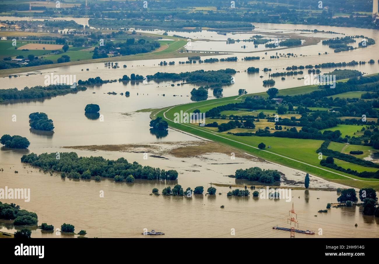 Aerial photograph, flood river Rhine, flooding Rheinaue Walsum, near ...