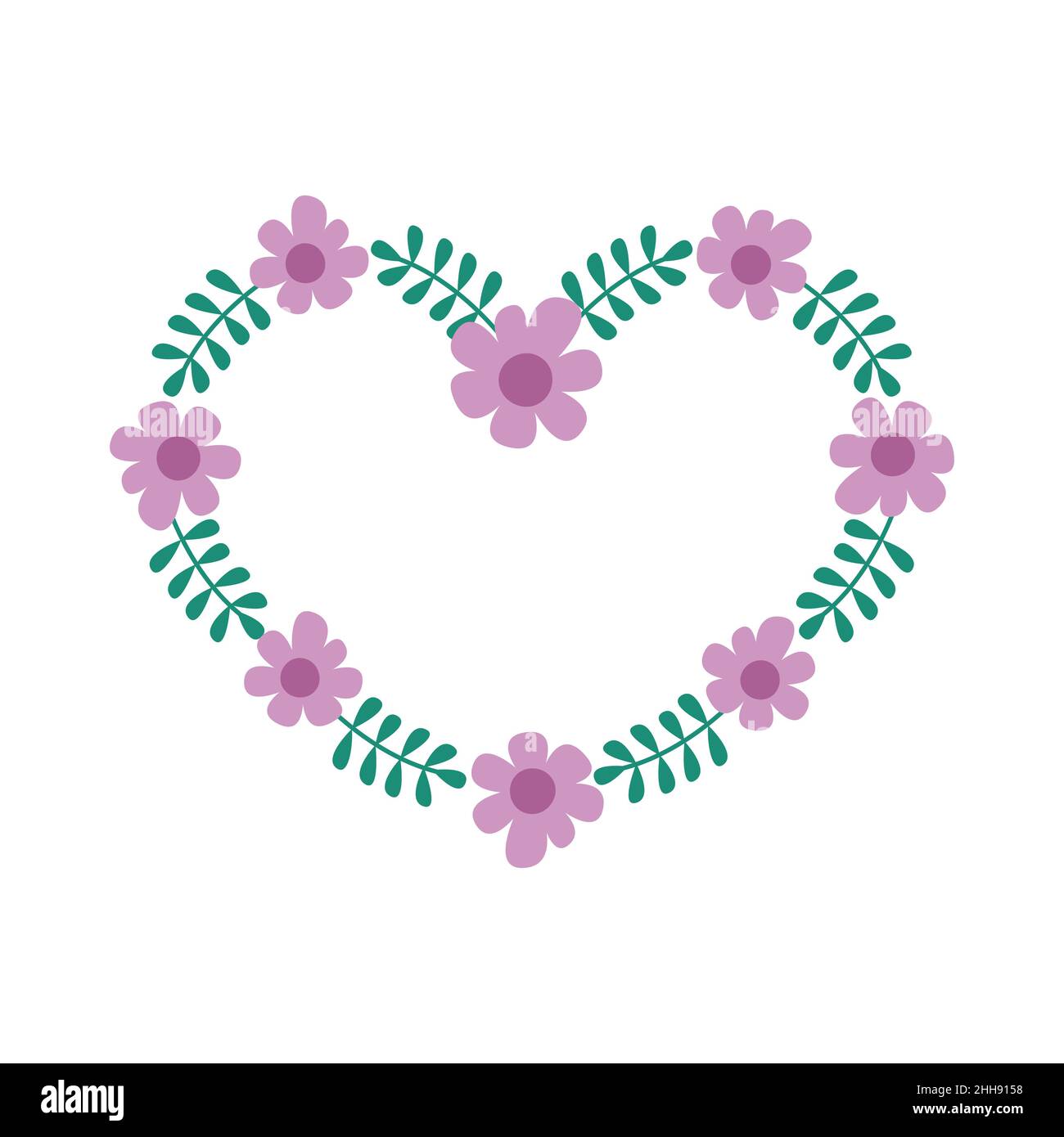 Floral frame heart shaped. Border with cute simple flowers and leaves ...