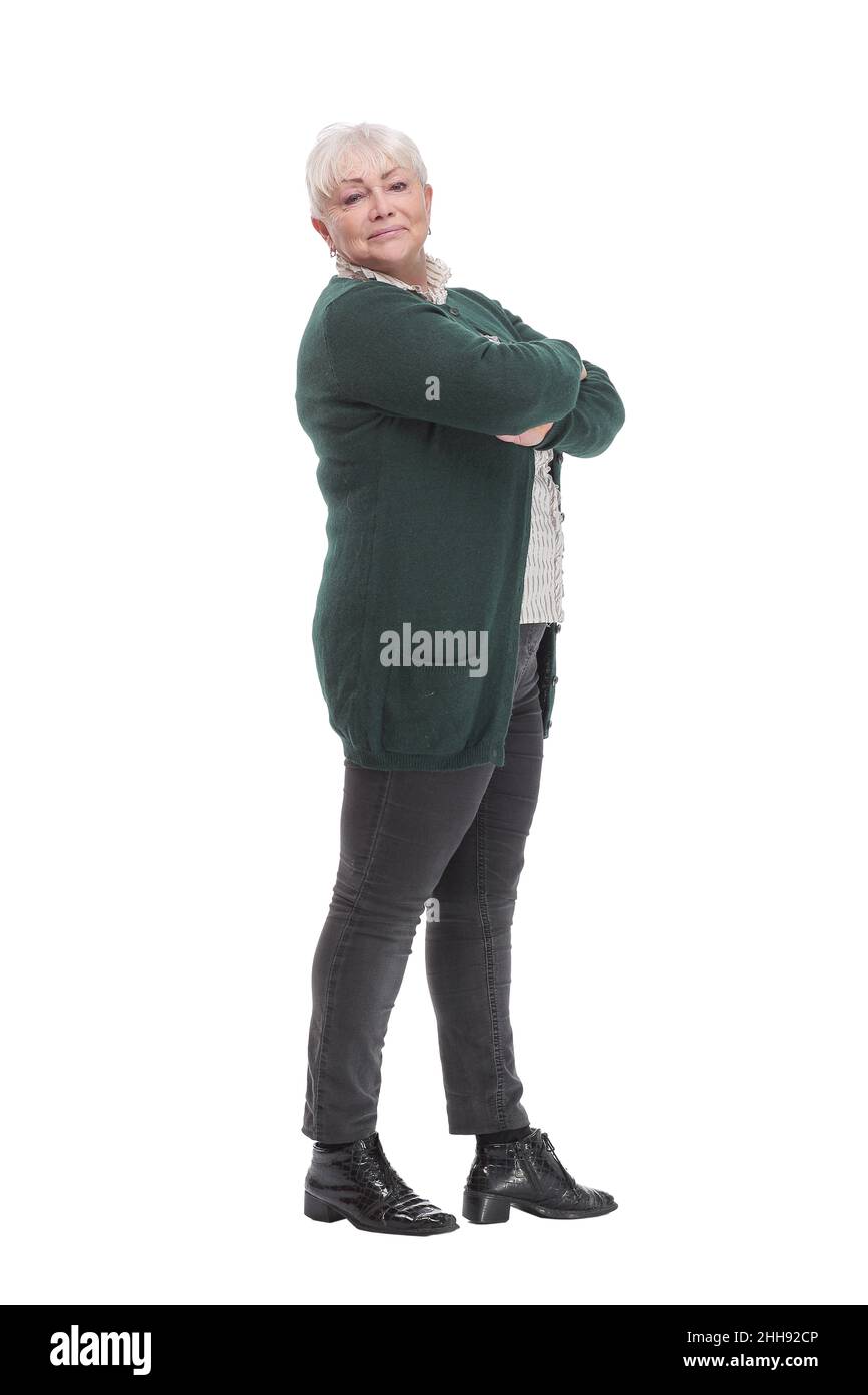 Side view of beautiful smiling caucasian business woman portrait arms ...