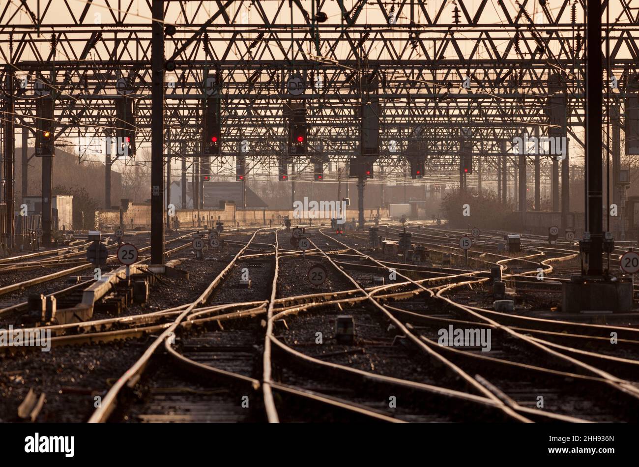 Network rail tracks on the approach to Manchester Piccadilly with red ...