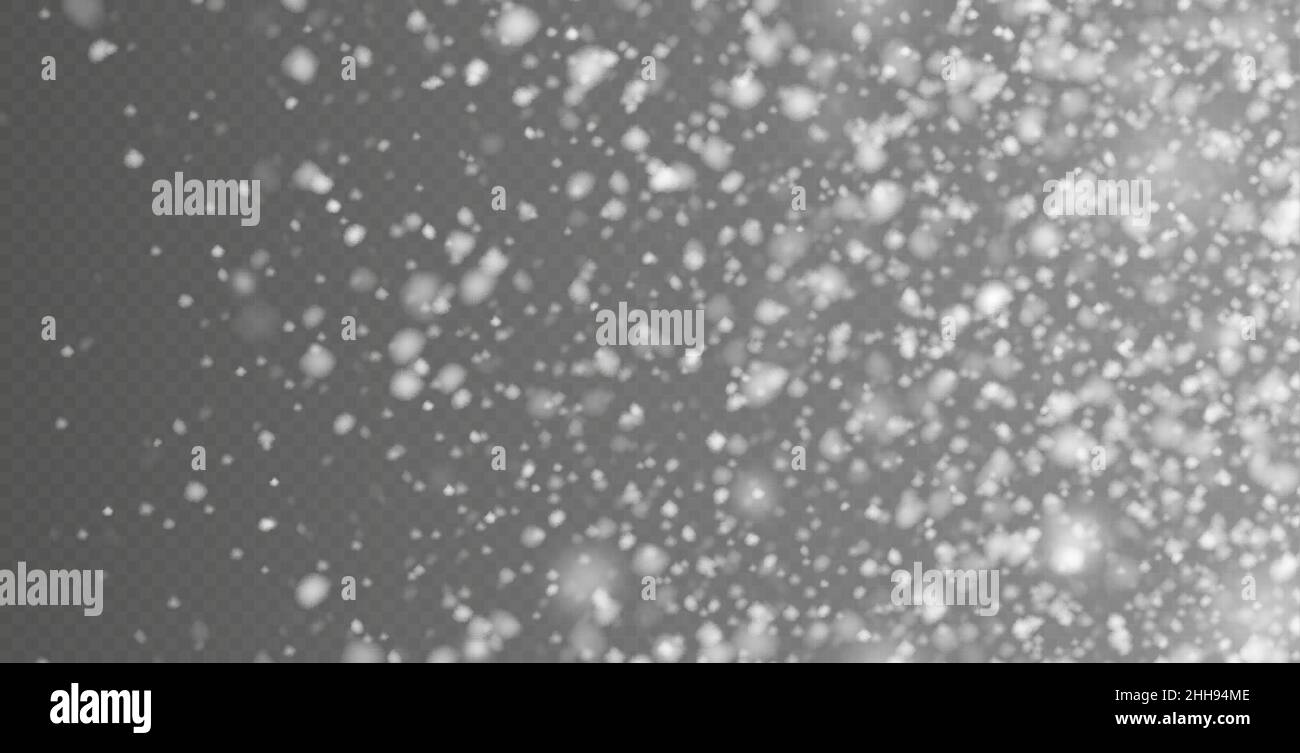 Falling snow in motion, white blurred snowflakes flying in the air ...
