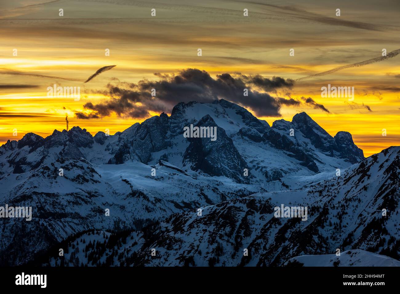 Scenic sunset behind Mount Marmolada as seen from Passo Giau, in ...
