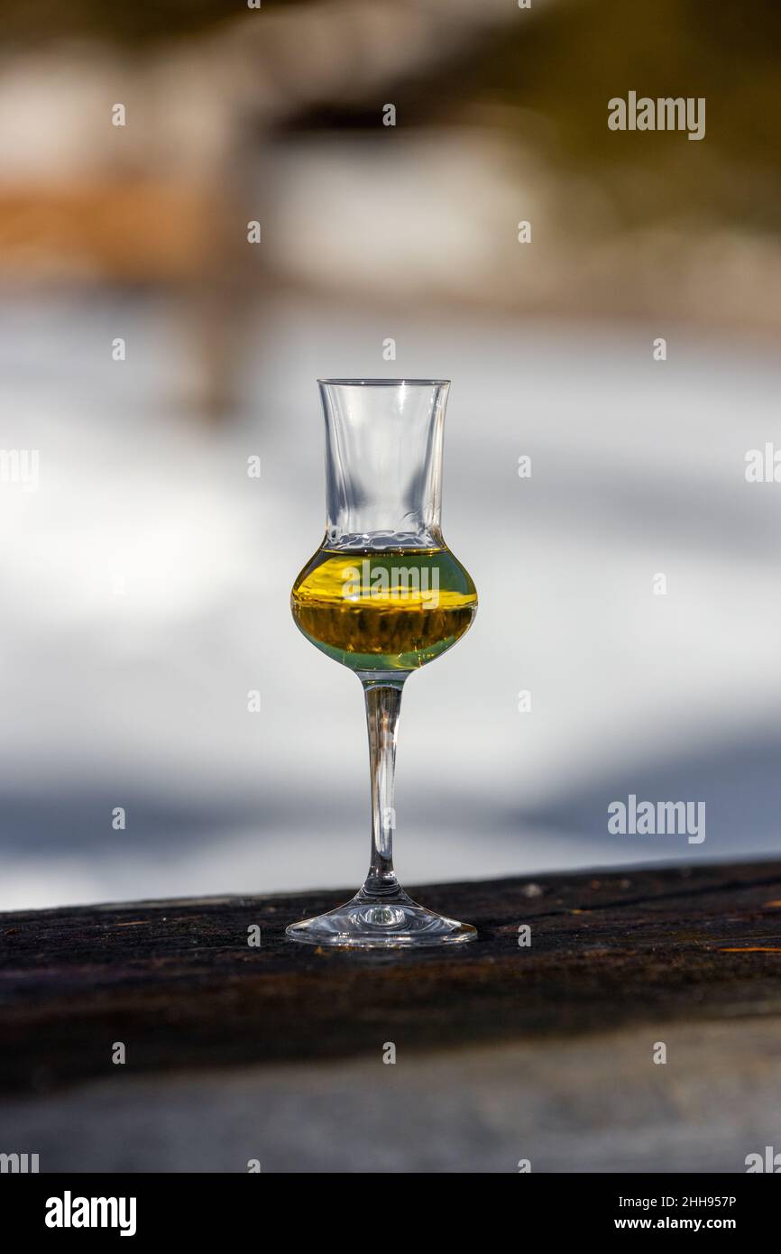 Bokeh picture of a flavored Grappa (Schnapps) glass in Cortina d ...