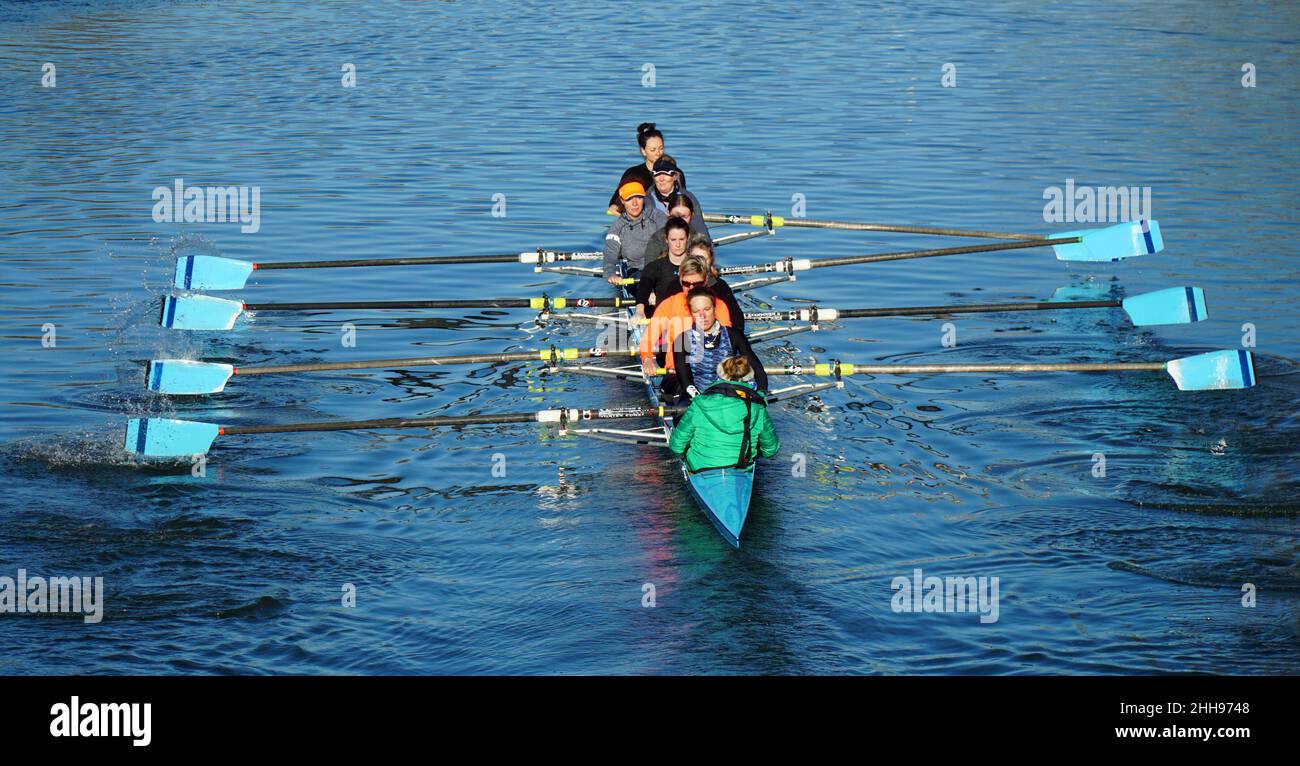Ladies Coxed Eight rowing team practice on the river Ouse Stock Photo ...