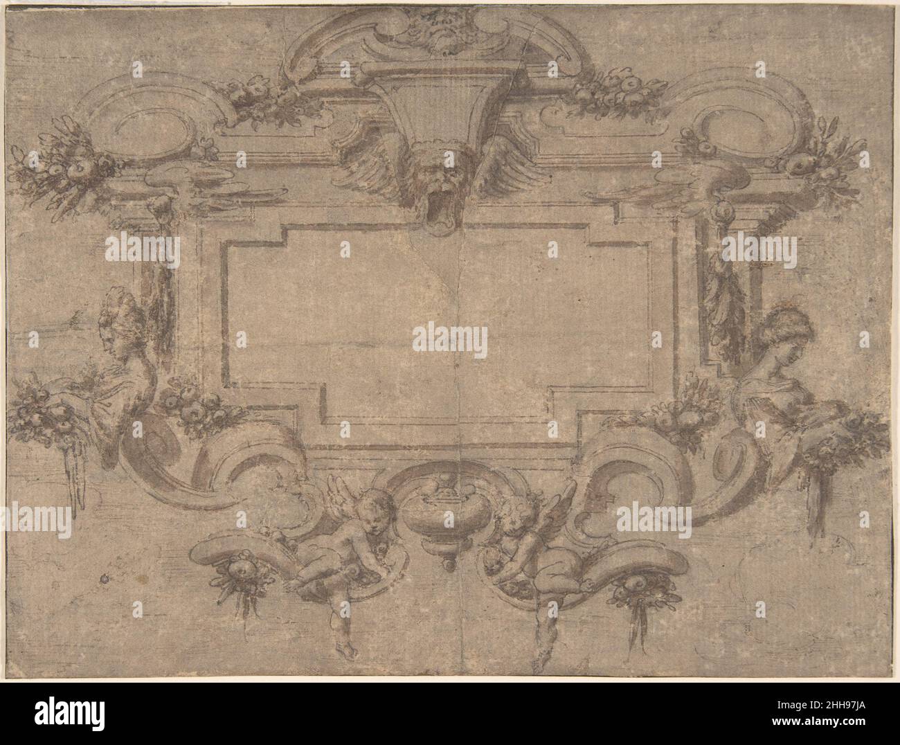 Design for a Cartouche or Wall Panel with Scrollwork, Masks and Female ...
