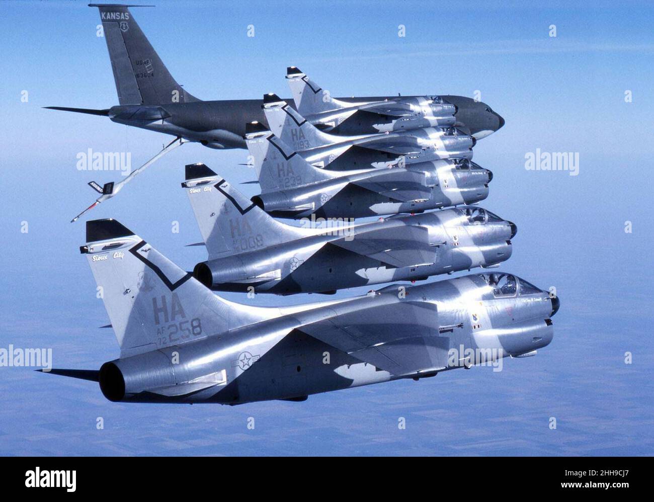 124th Tactical Fighter Squadron A-7D Corsair IIs in formation with KC ...