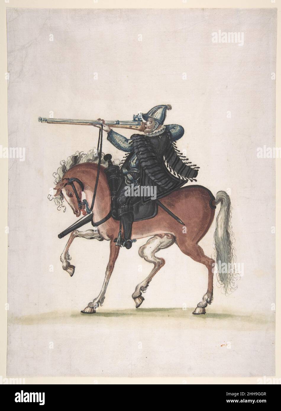 Drawing of a Mounted Arquebusier (Soldier on Horseback) late 16th ...