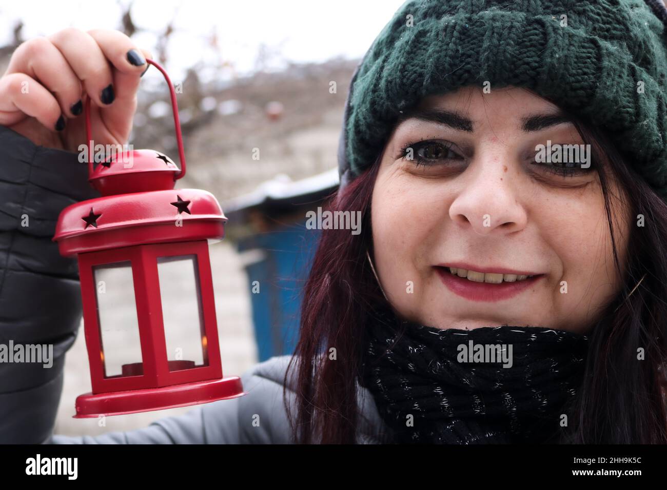 A girl with a red lantern Stock Photo - Alamy