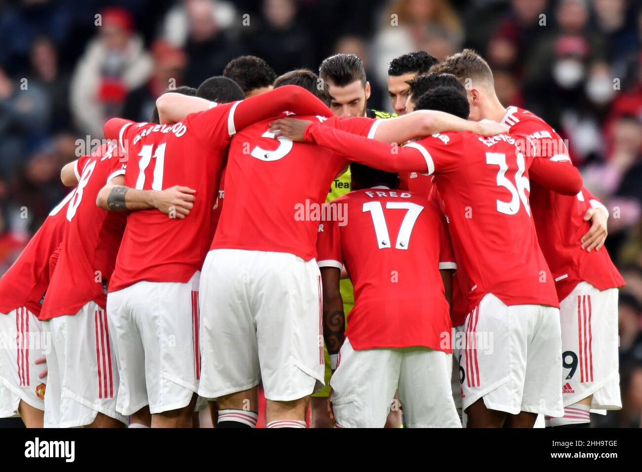 Manchester, UK. 22nd Jan, 2022. Manchester United players huddle ...