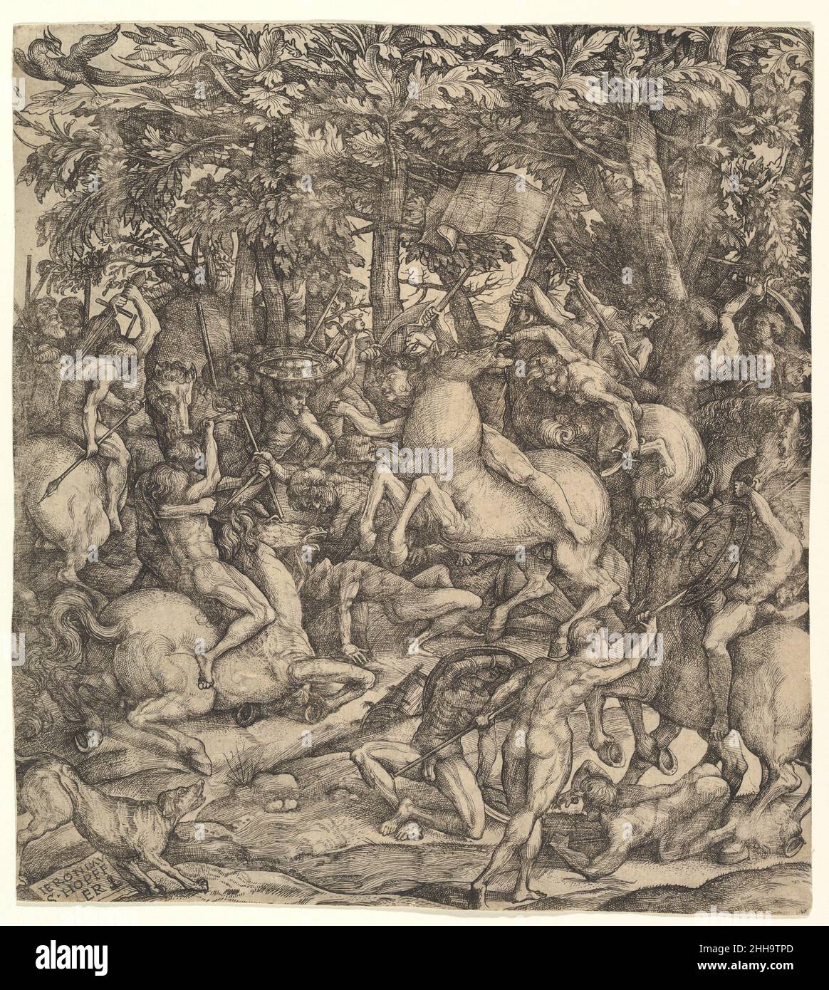 Battle between cavalry and infantry in a wood 16th century Hieronymus ...