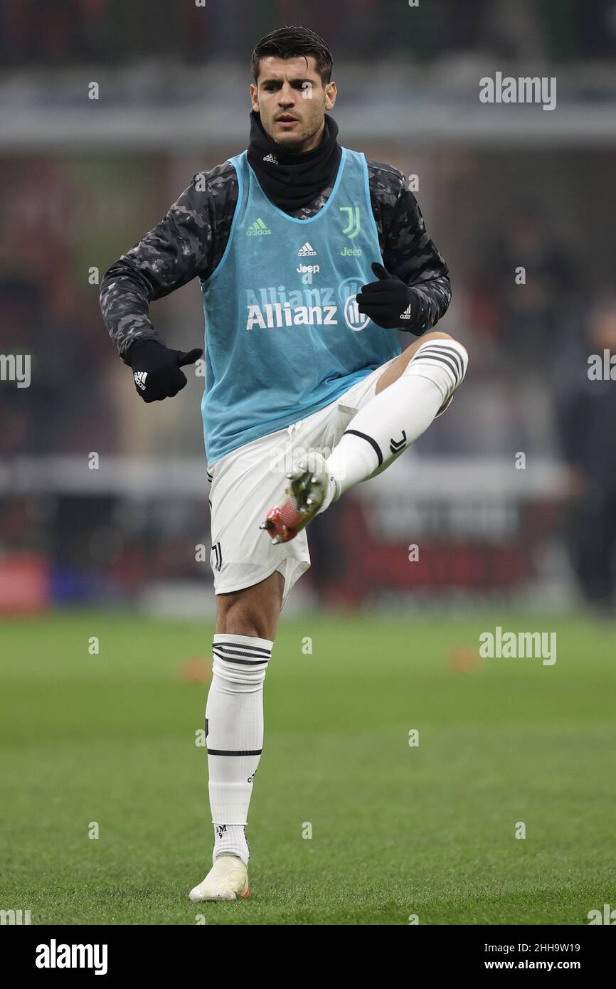 Milan, Italy. 23rd Jan, 2022. Alvaro Morata (Juventus FC) warms up ...