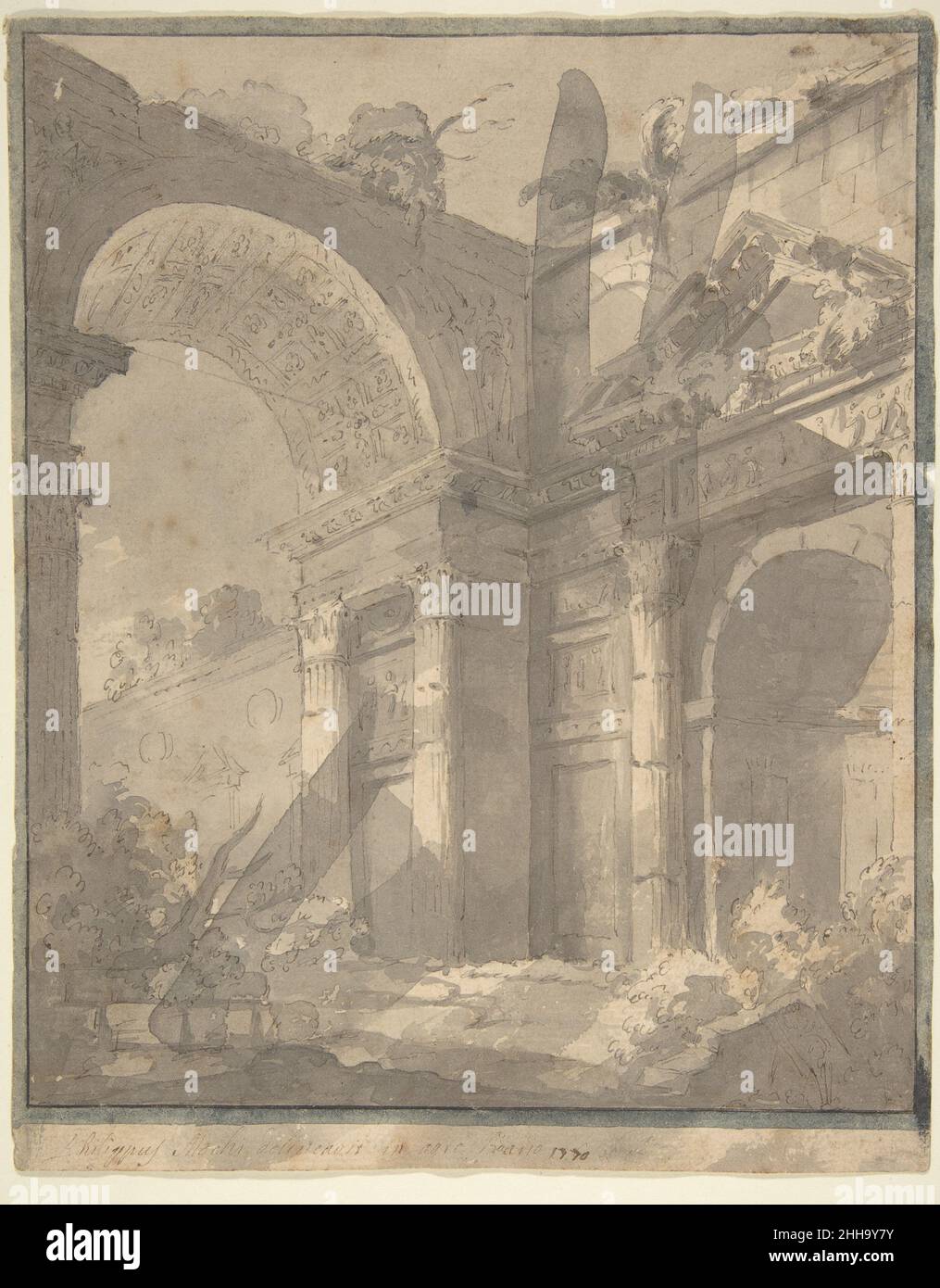 View of Ancient Roman Ruins, an Arch and a Triangular-Pedimented ...