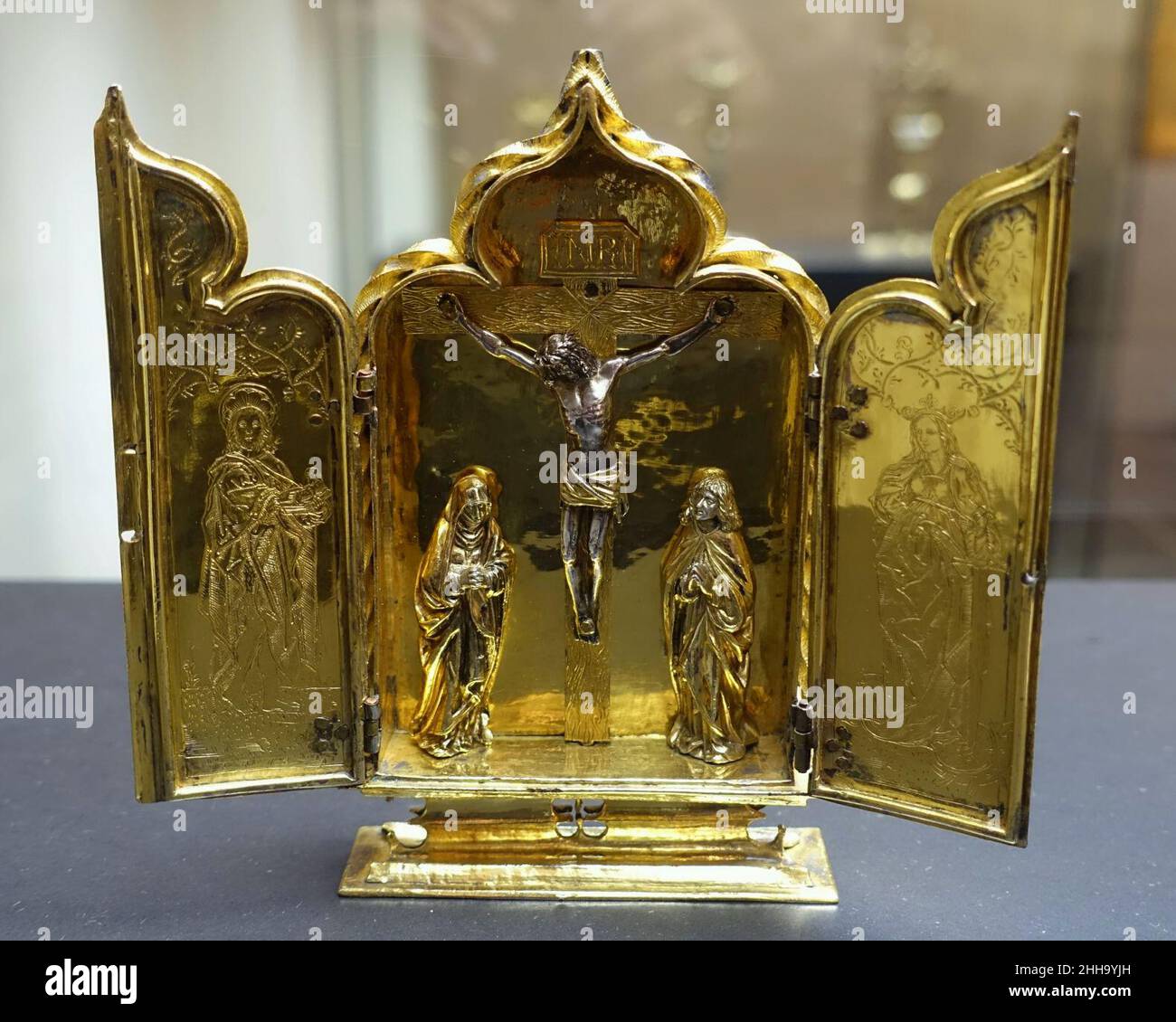 Small folding altar with crucifix scene, Cologne, c. 1500, copper, gilt ...