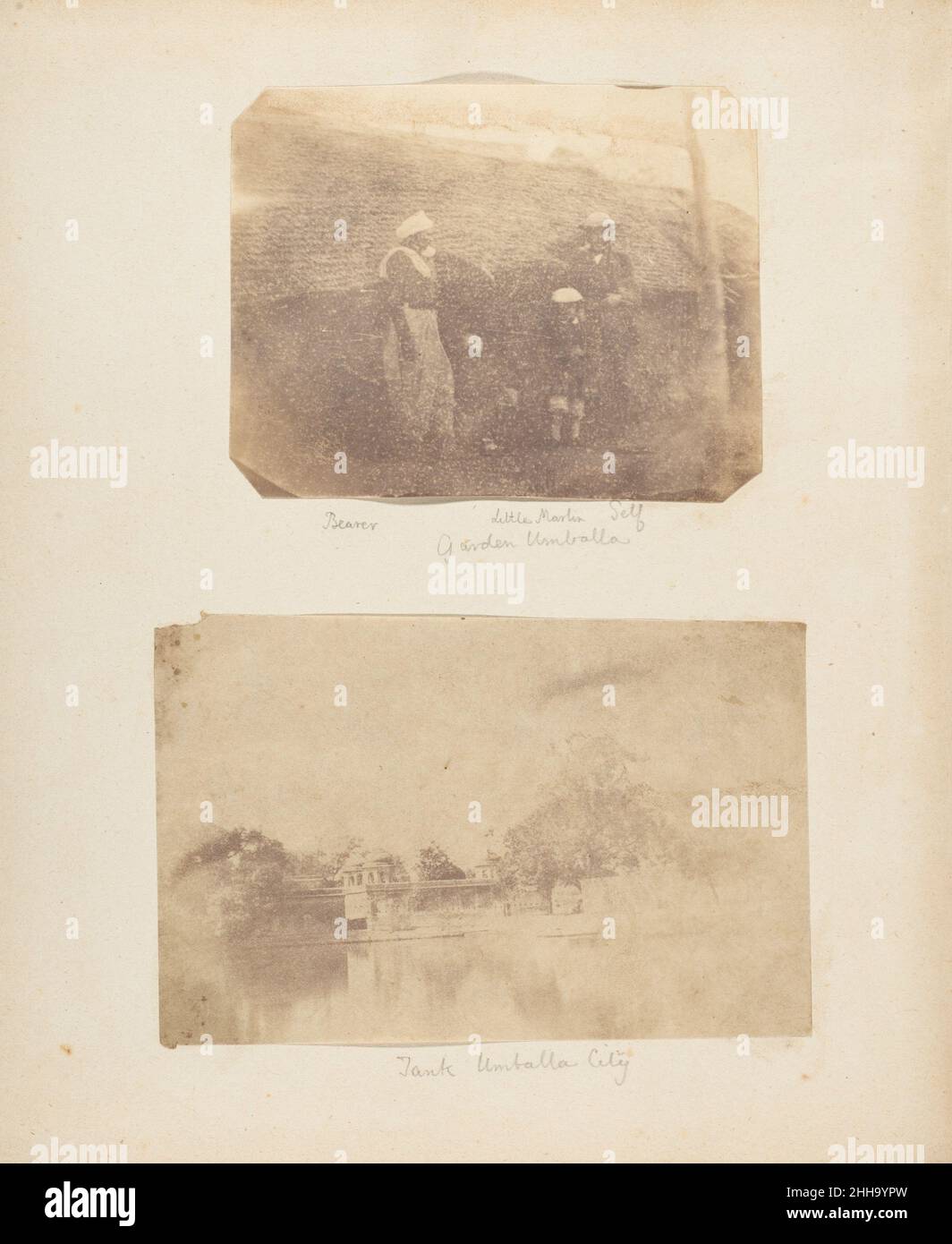 [Portrait of a Bearer, Little Marlin, and Captain Hill, Garden, Umballa ...