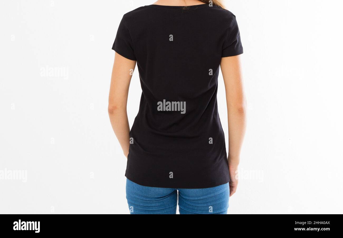 back rear view: woman in black tshirt isolated, girl in t-shirt mock up ...