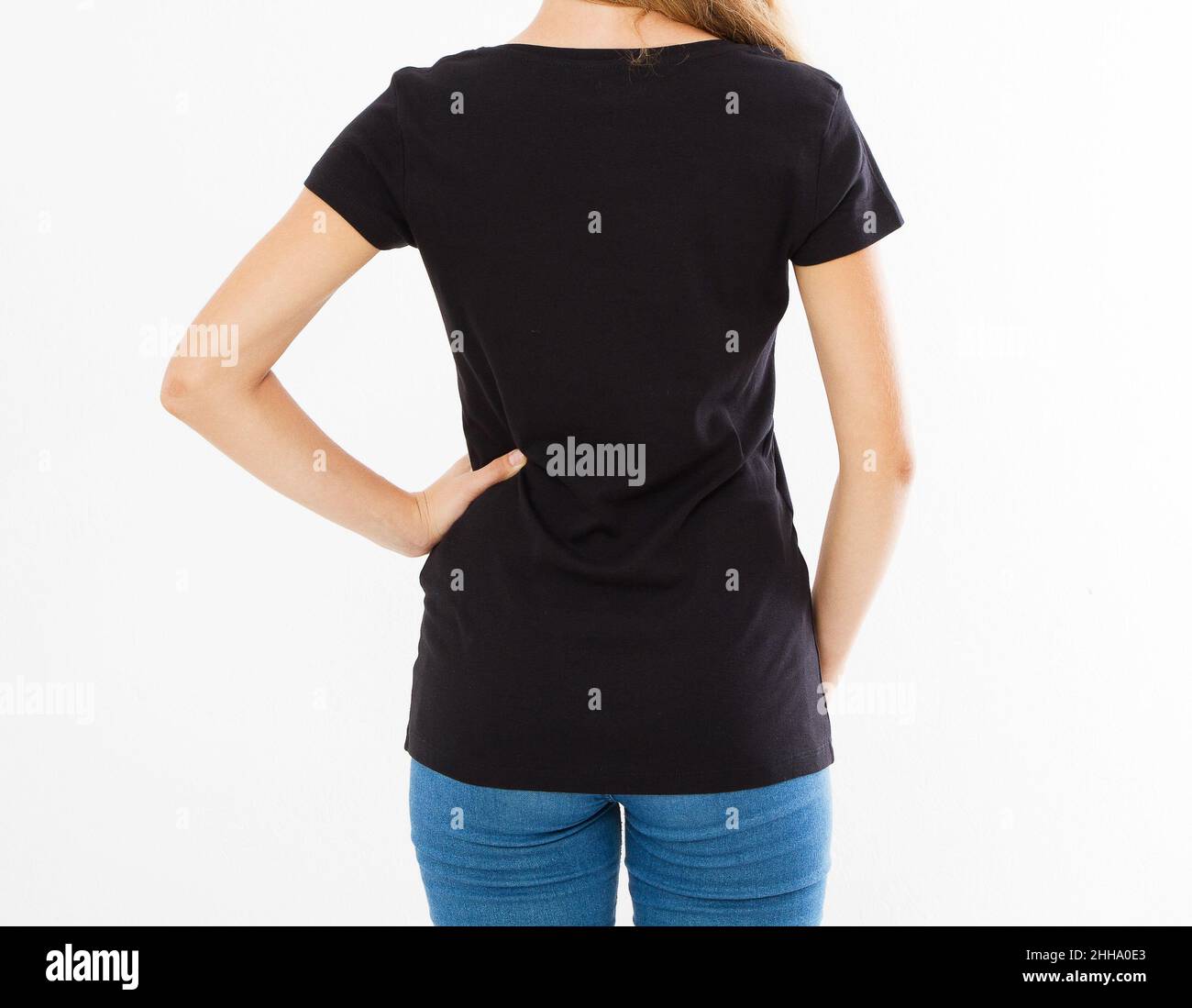 back rear view: woman in black tshirt isolated, girl in t-shirt mock up ...