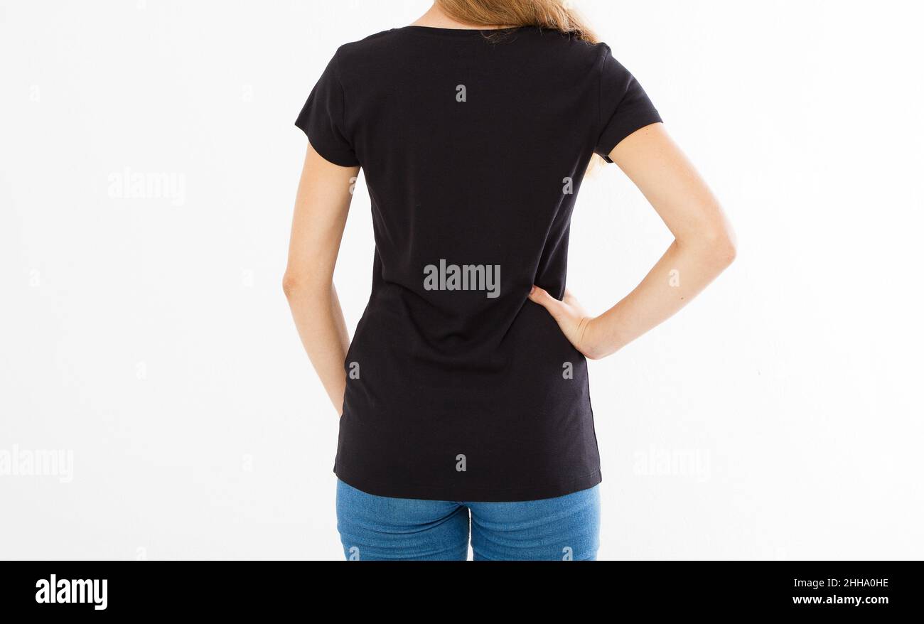 back rear view: woman in black tshirt isolated, girl in t-shirt mock up ...