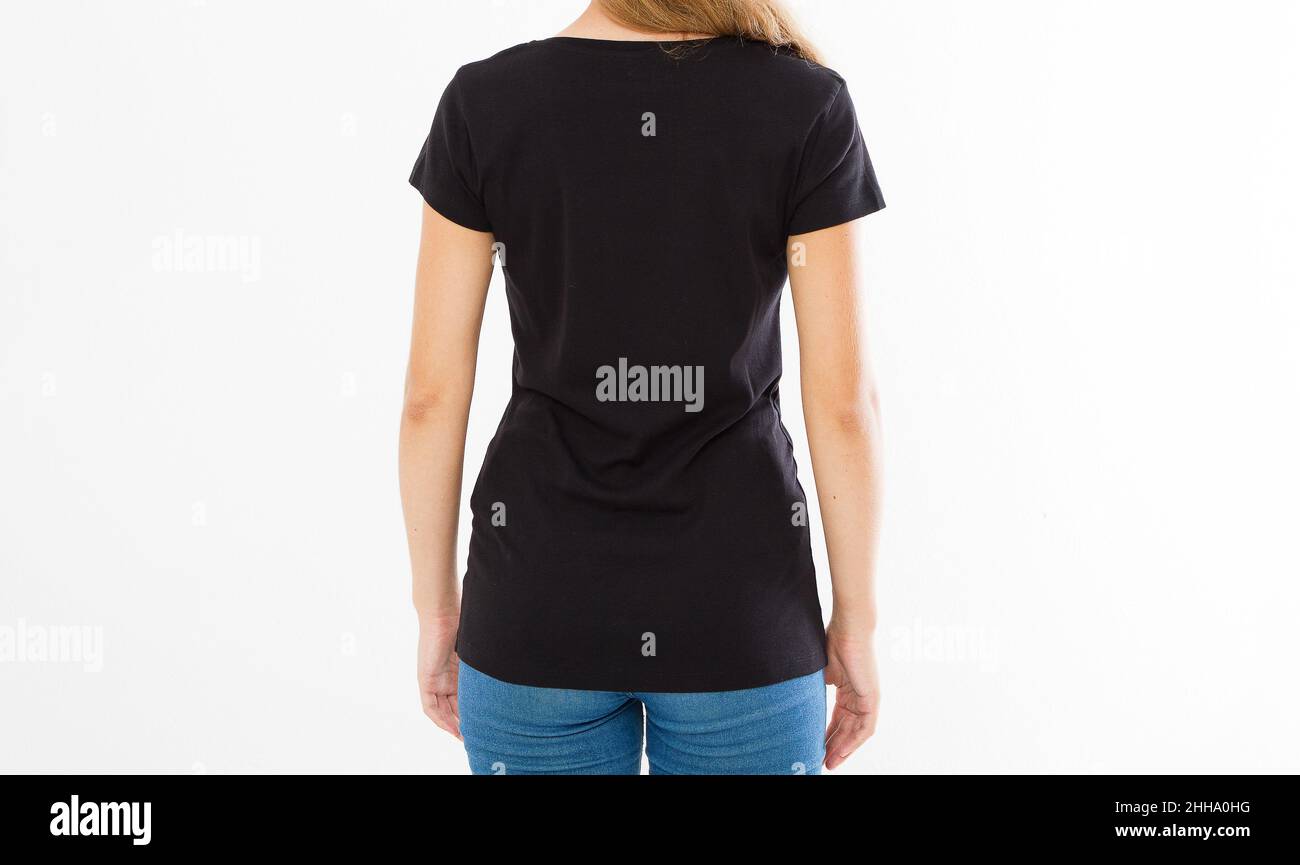 back rear view: woman in black tshirt isolated, girl in t-shirt mock up ...