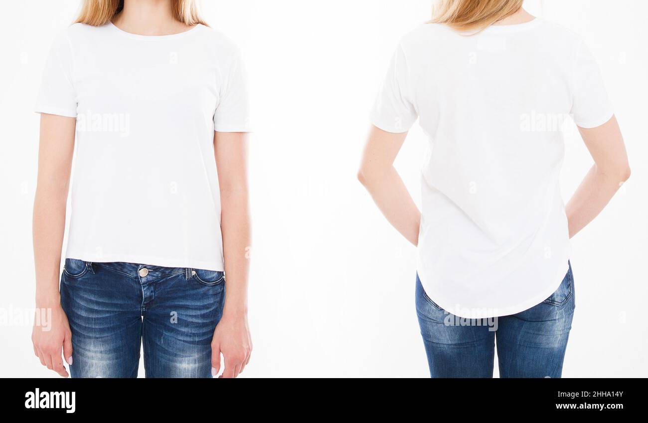 Front and back views of pretty woman, girl in tshirt on white ...