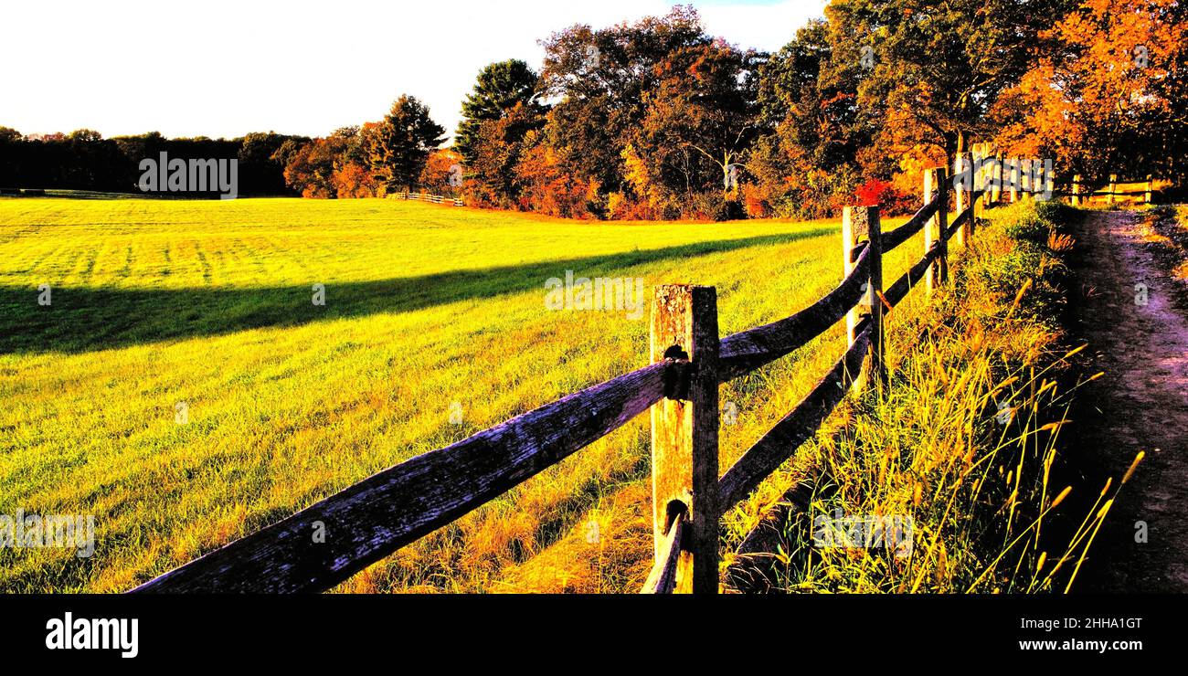 New England field and fence in fading summer light Stock Photo - Alamy