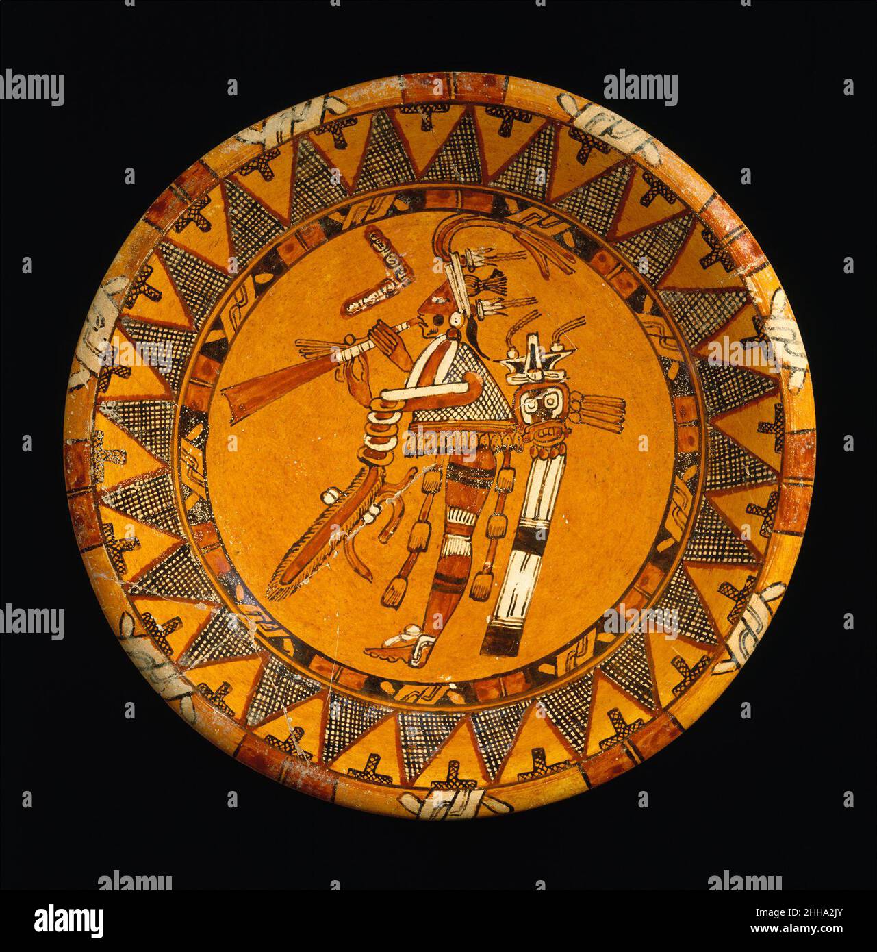 Plate with Trumpeter 8th century Maya This polychrome plate features a ...