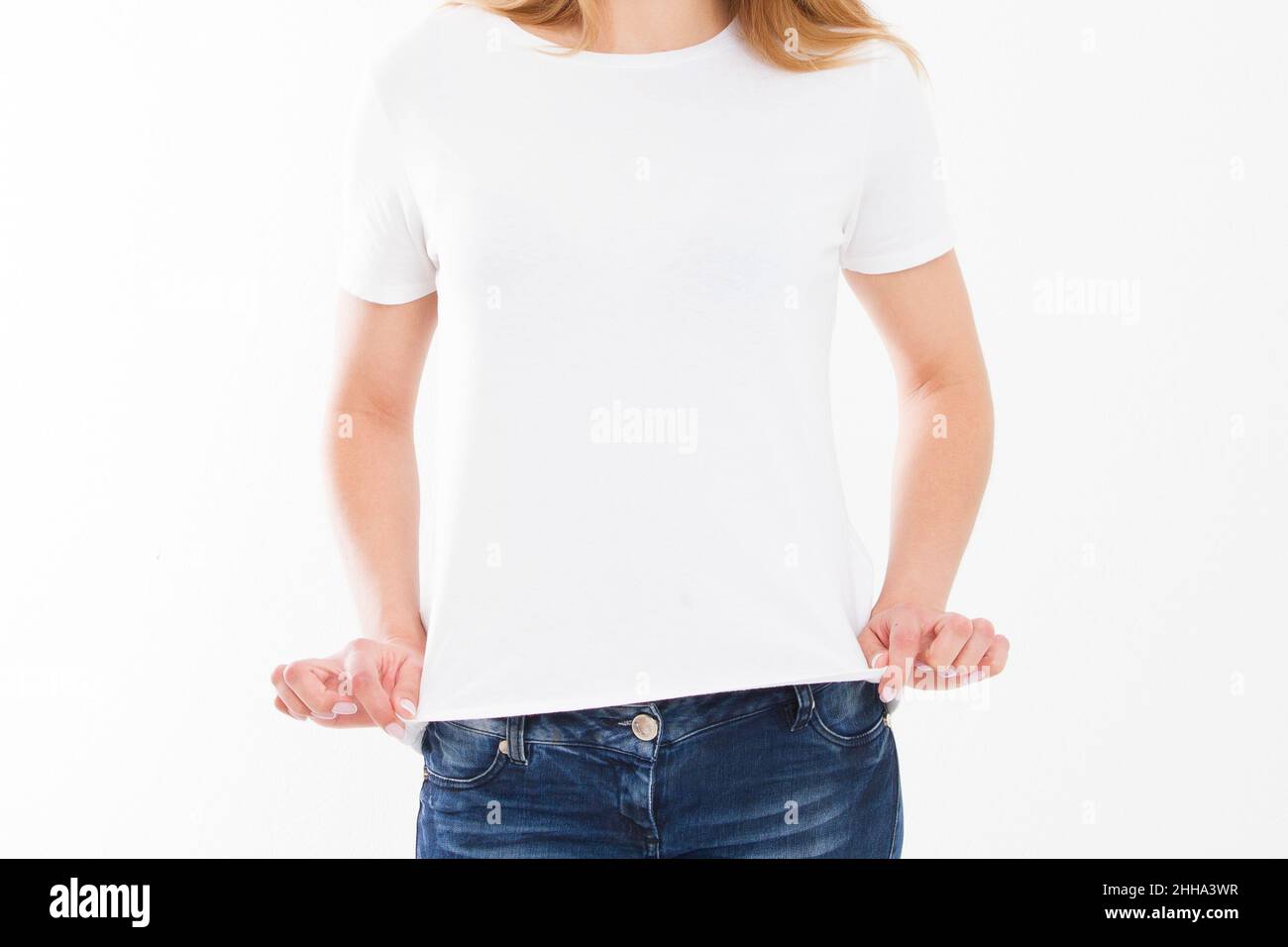 Woman body in empty white t-shirt mockup closeup isolation Stock Photo ...