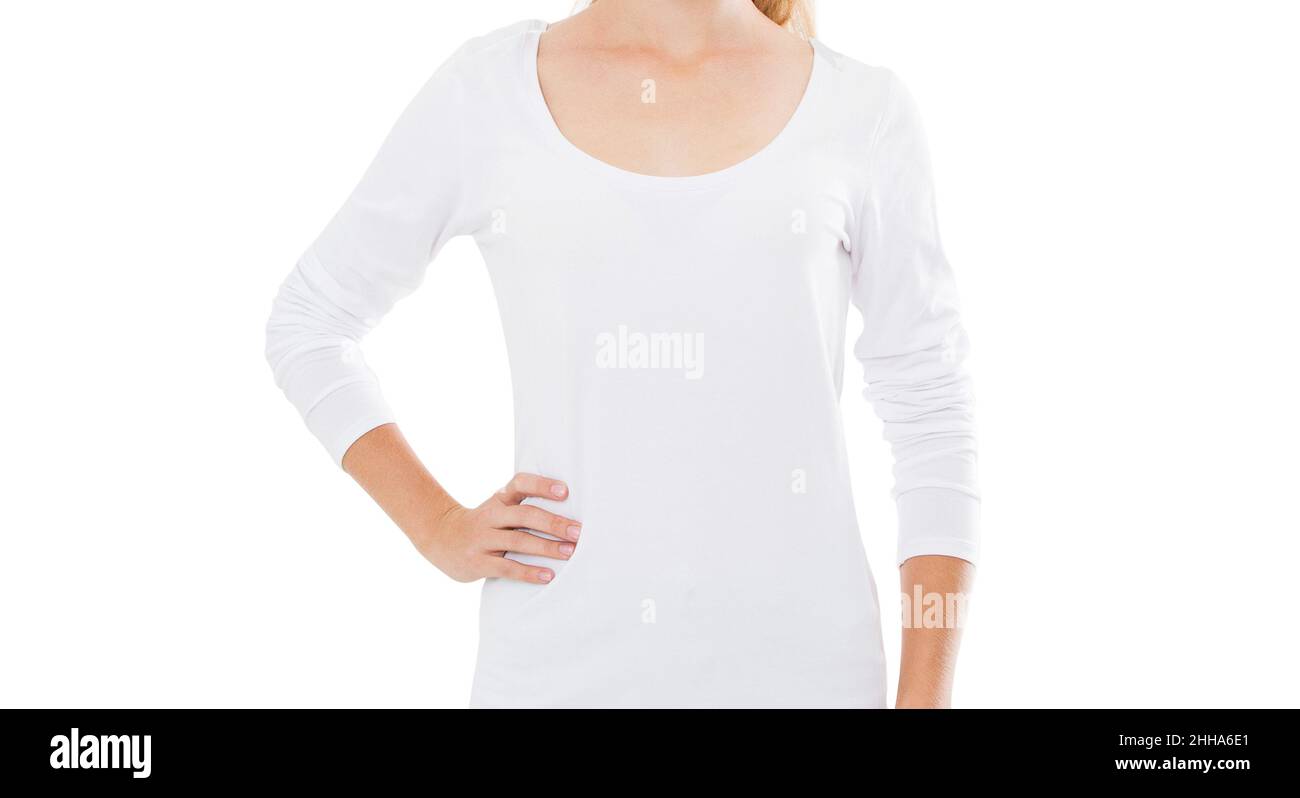 beautiful body girl in t shirt over white background Stock Photo - Alamy