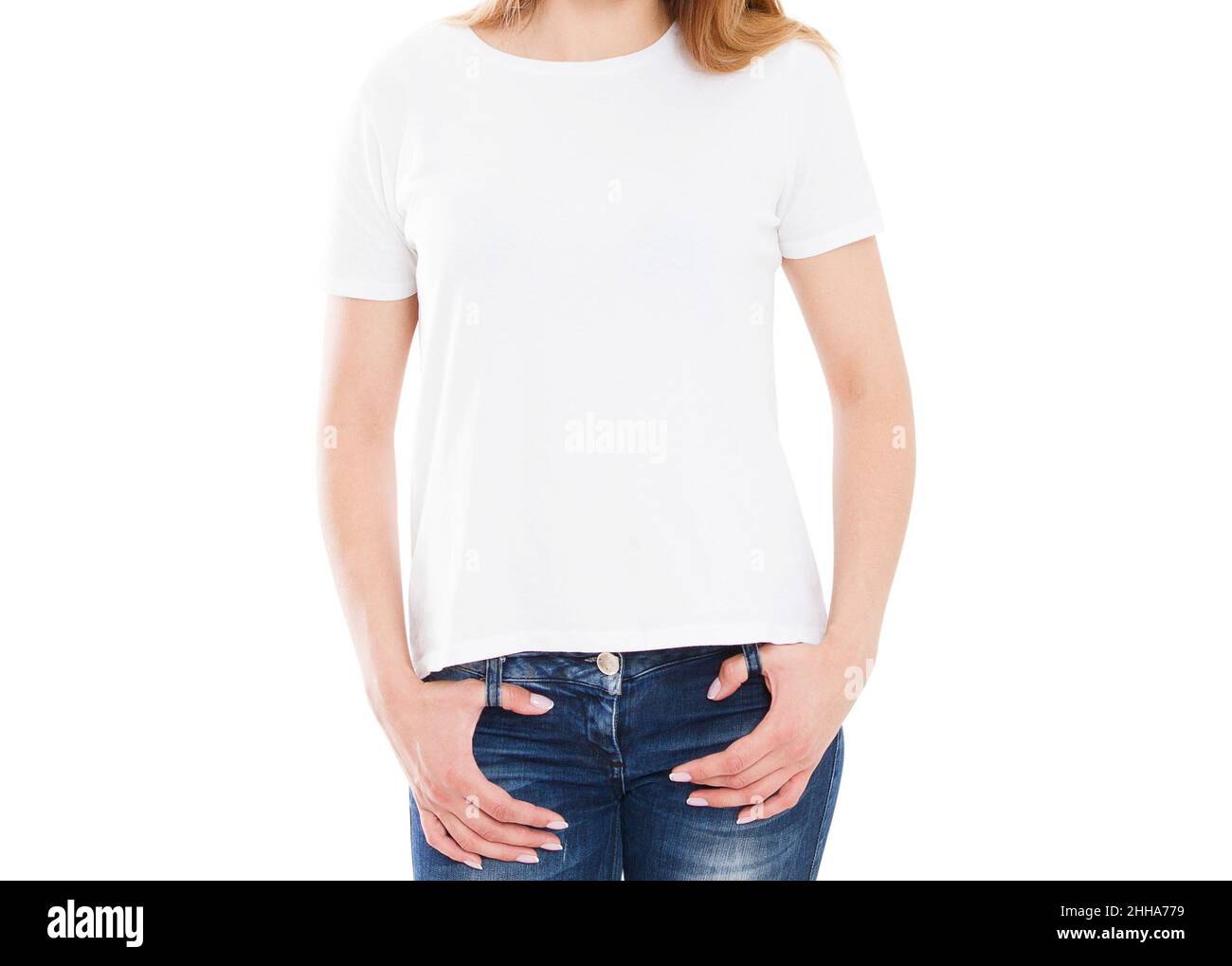 Young slim girl with a beautiful body in a white Tshirt on a white ...