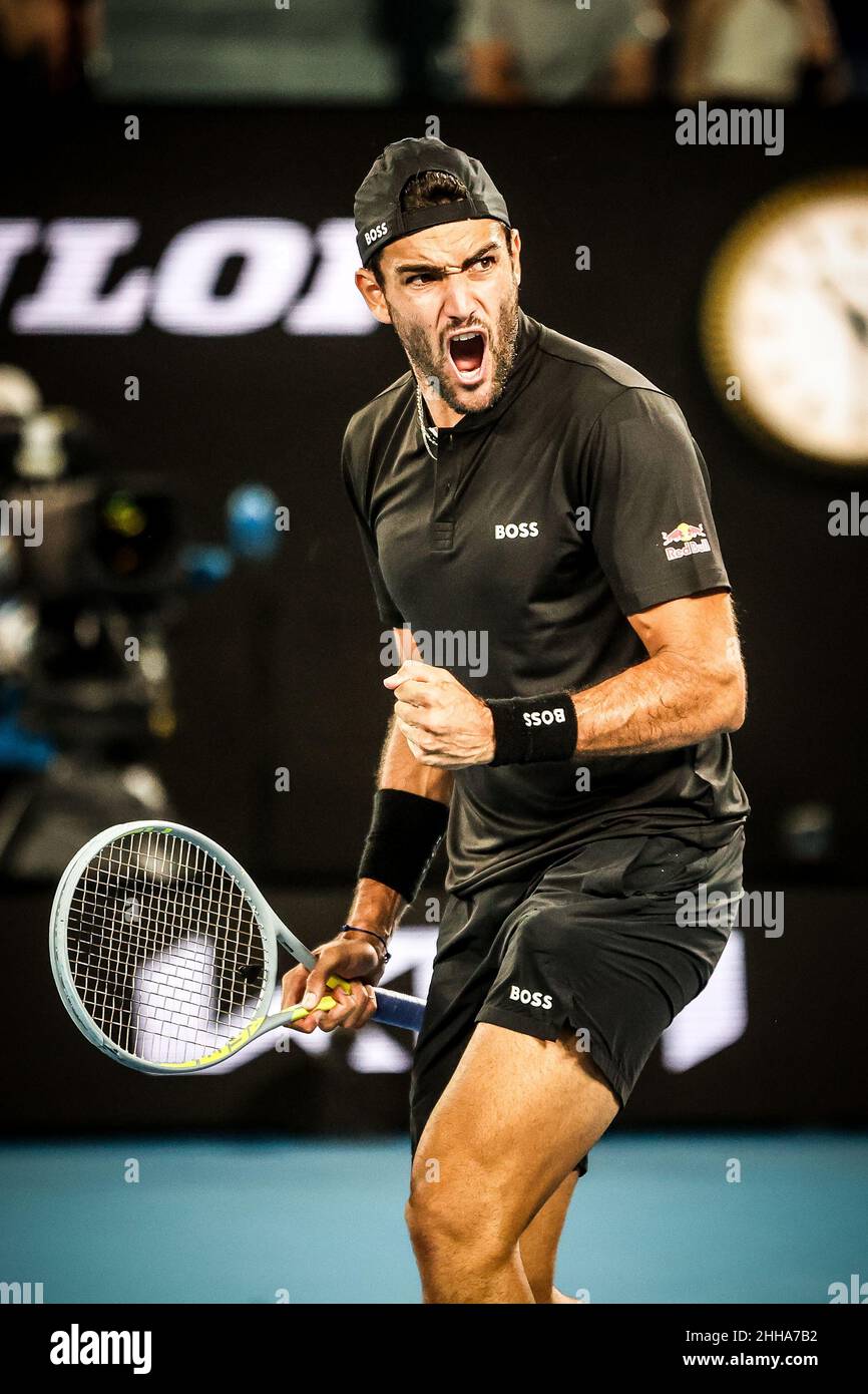 Melbourne, Australia. 23rd Jan, 2022. MATTEO BERRETTINI of Italy reacts during his match against ...
