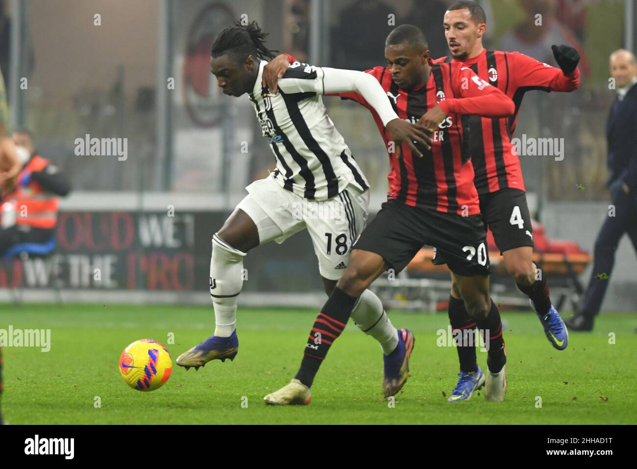 Milan, Italy. 23rd Jan, 2022. moise kean (juventus) and pierre kalulu ...