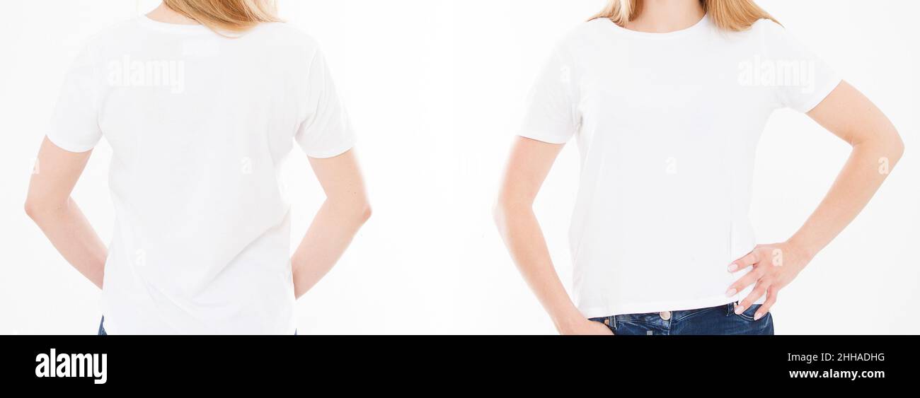 Front and back views of pretty woman, girl in tshirt on white ...