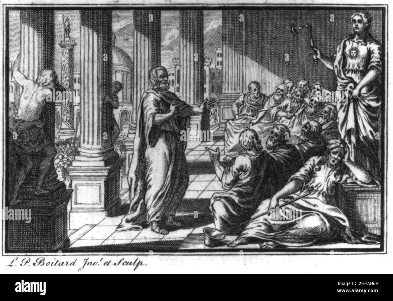 Socrates) standing before seated group in temple portico; large crowd ...