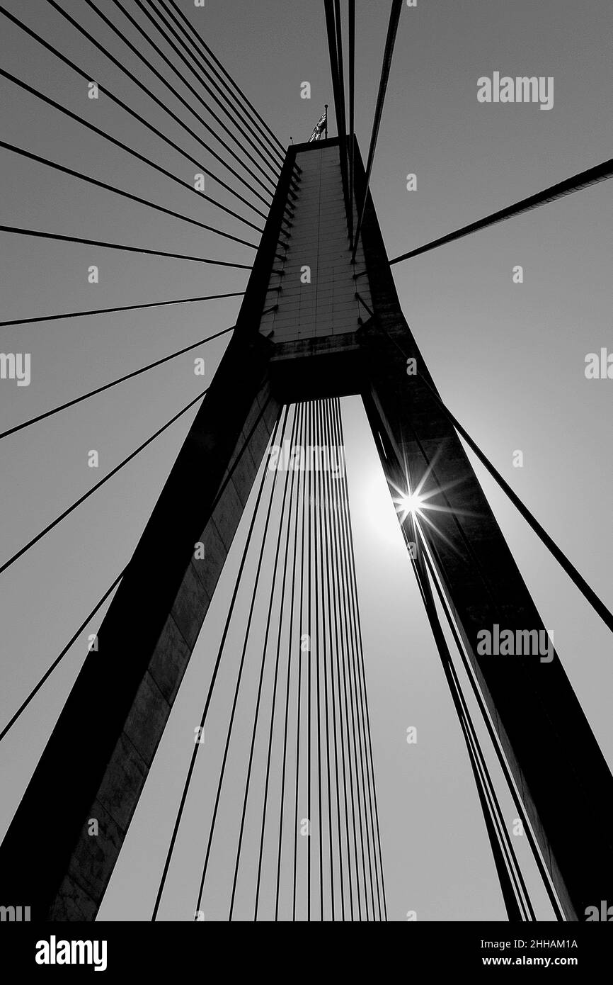 Black and white photograph of the Anzac Bridge and Australian flag ...