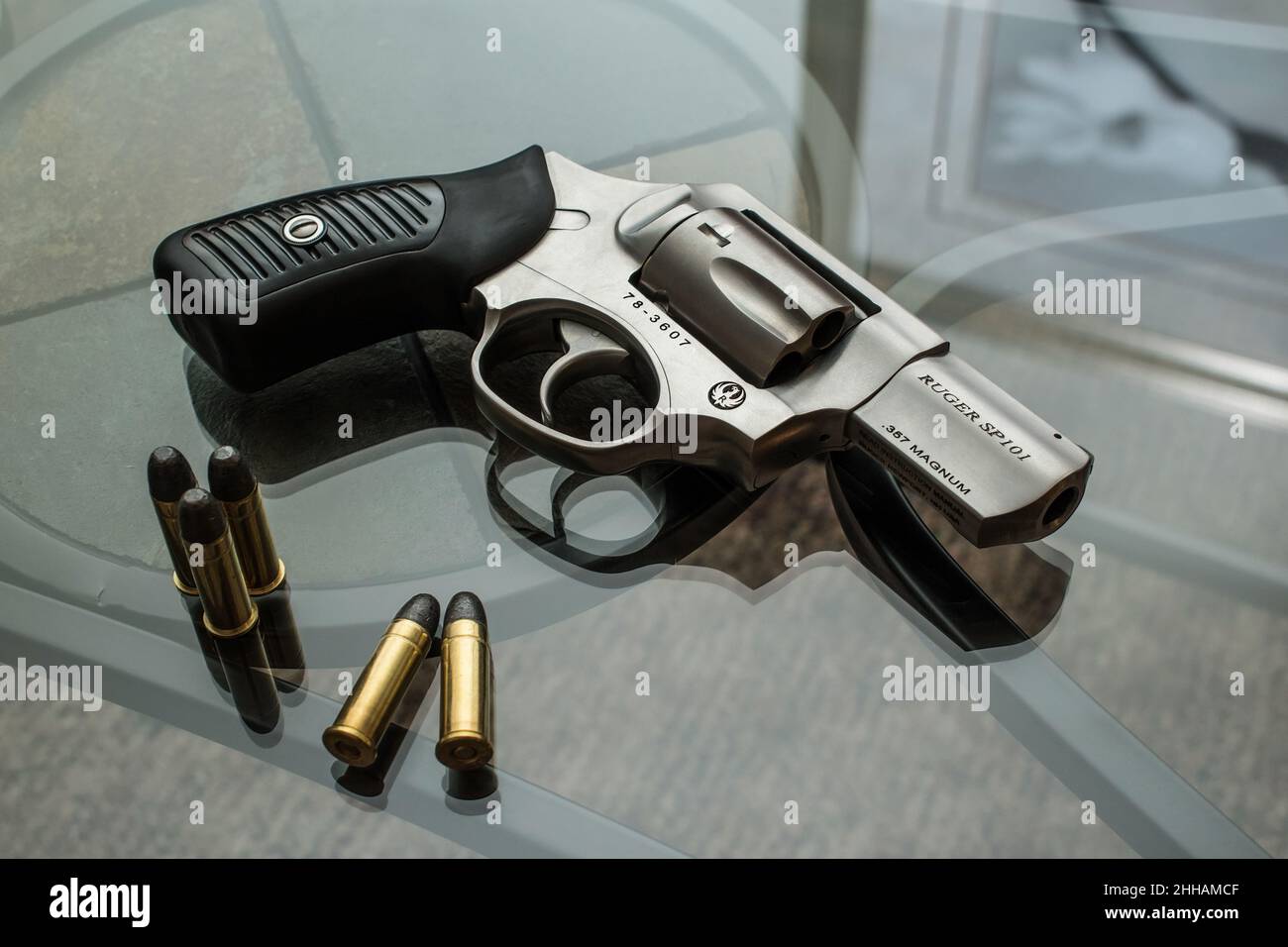 Ruger 101 .357 Magnum double action revolver on a glass table Stock ...