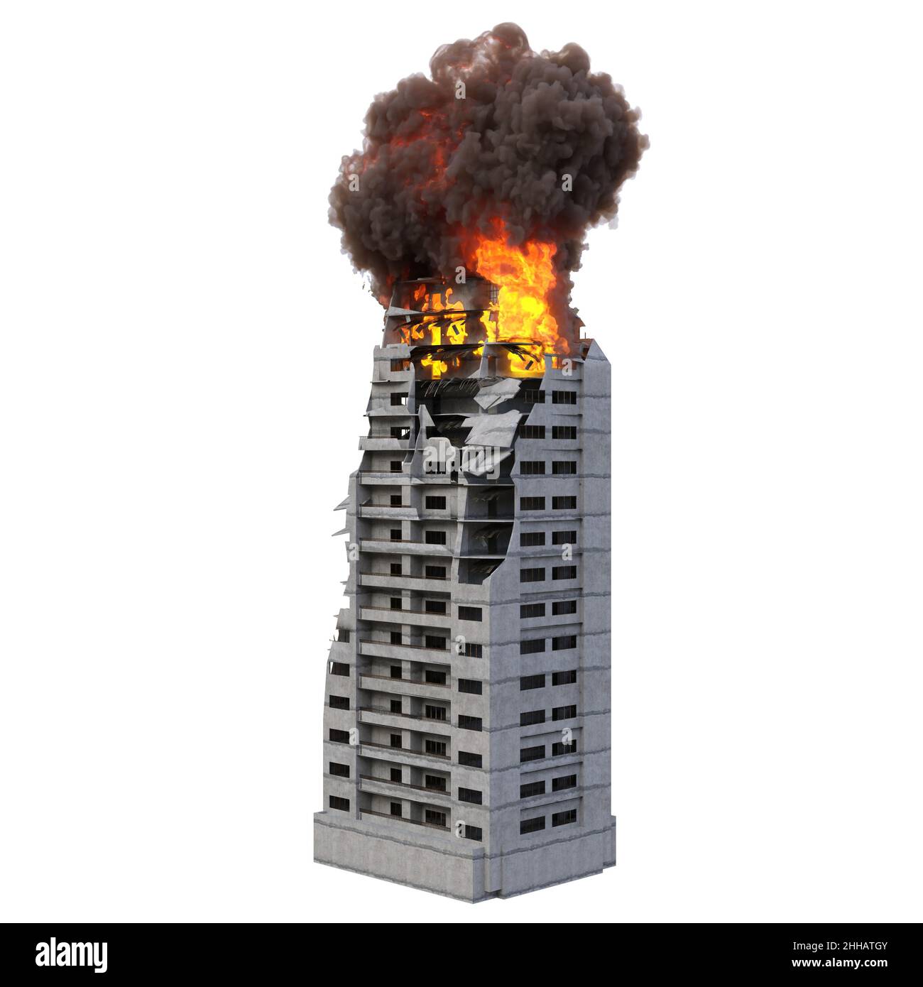 3D illustration ruined building in flames isolated on white Stock Photo ...