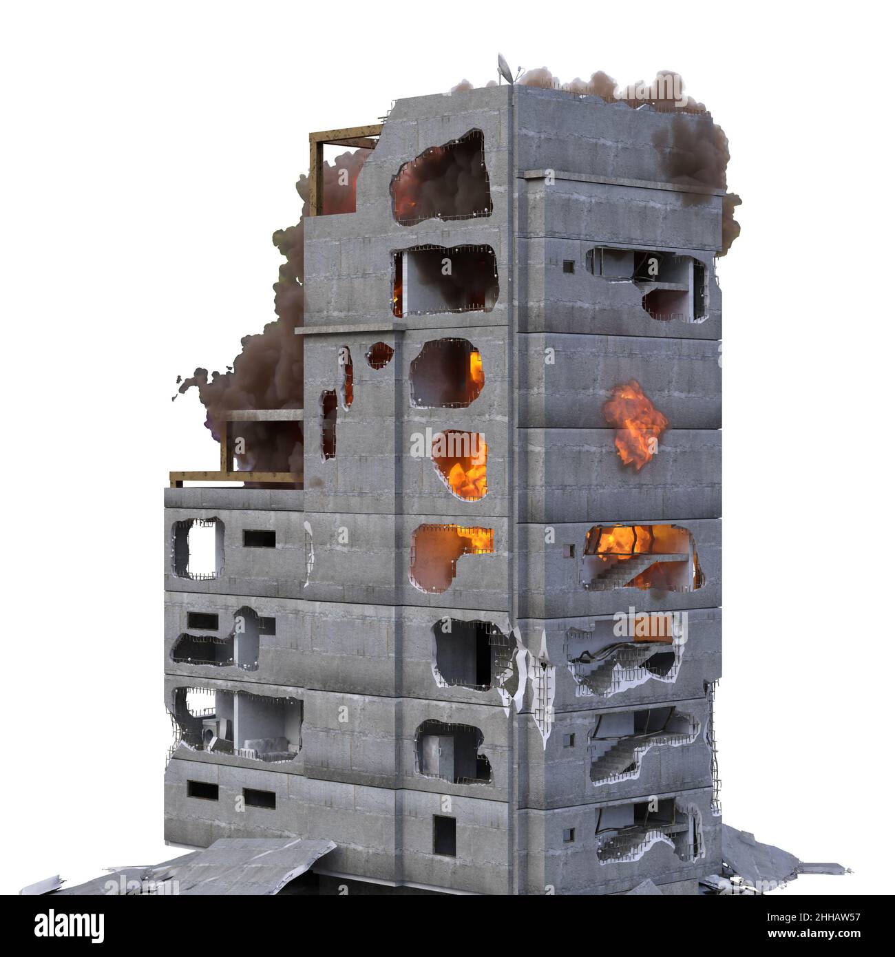 3D illustration ruined building in flames isolated on white Stock Photo ...