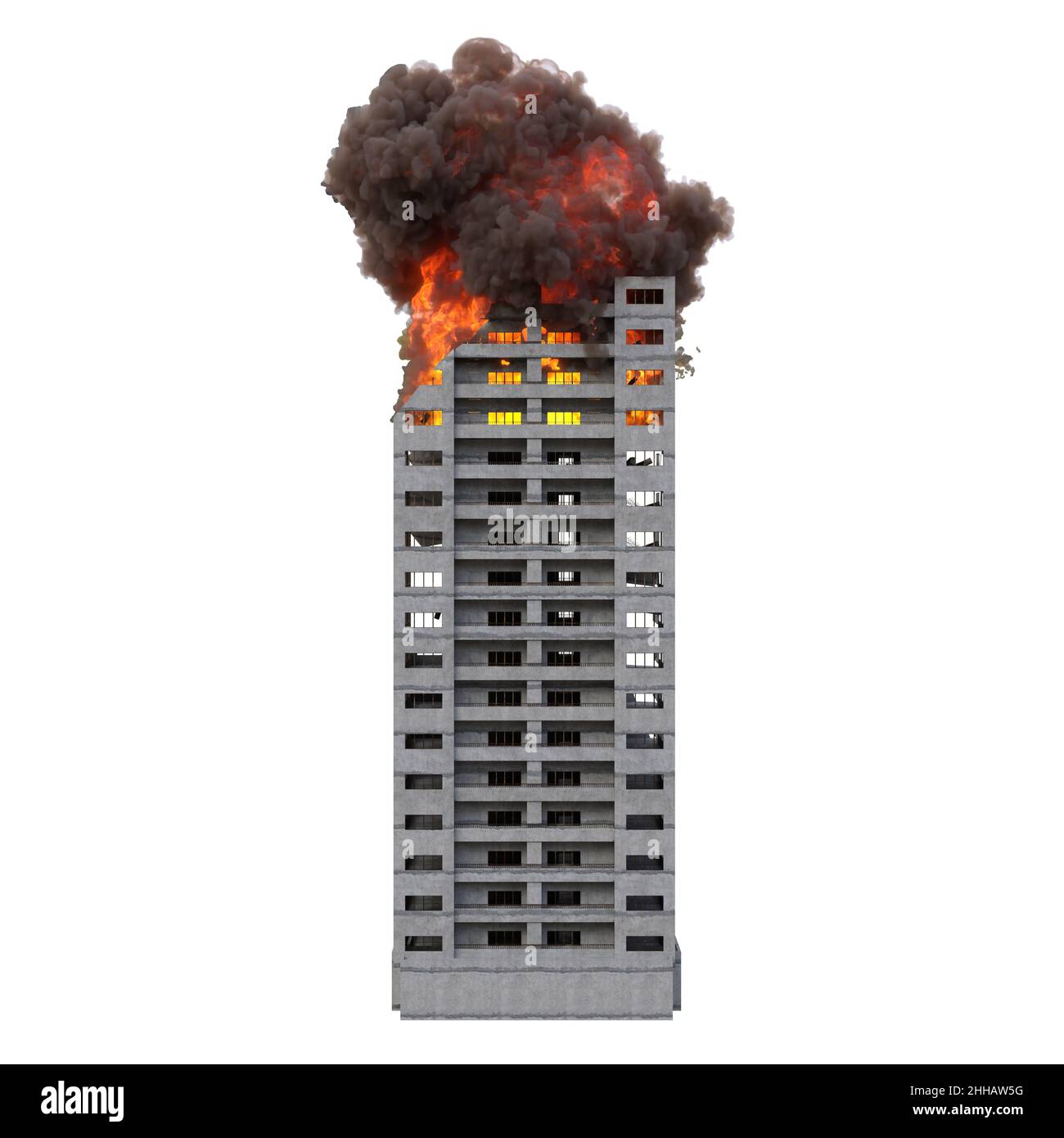 3D illustration ruined building in flames isolated on white Stock Photo ...