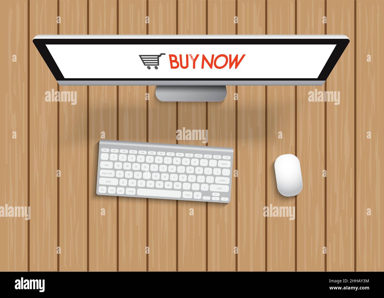 Shopping with computer and screen buy now on wooden table. Concept ...