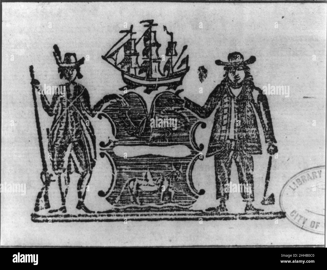 Soldier with musket and farmer with hoe holding crest topped with ...