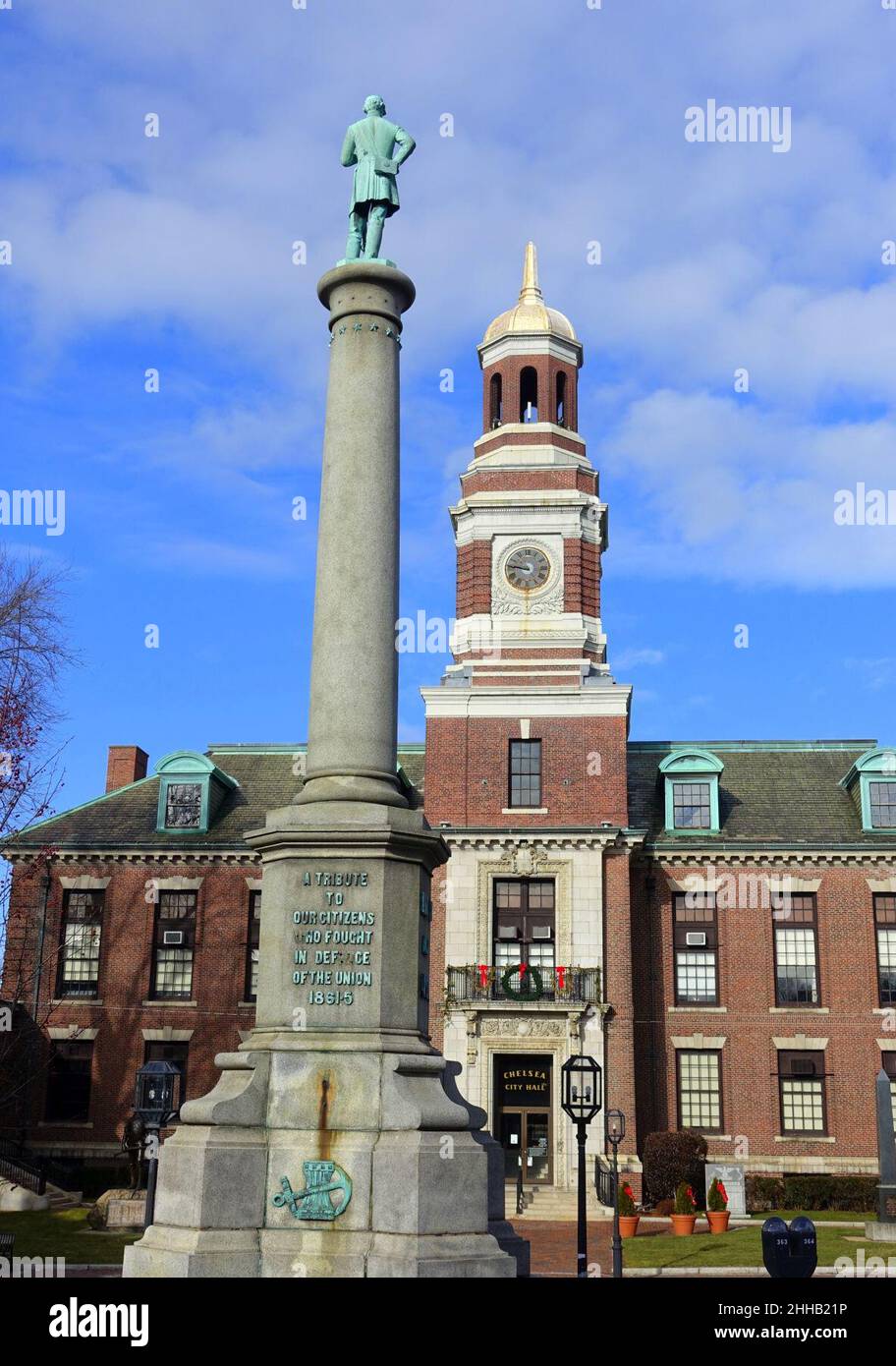 Soldiers Monument and Chelsea City Hall - Chelsea, Massachusetts Stock ...