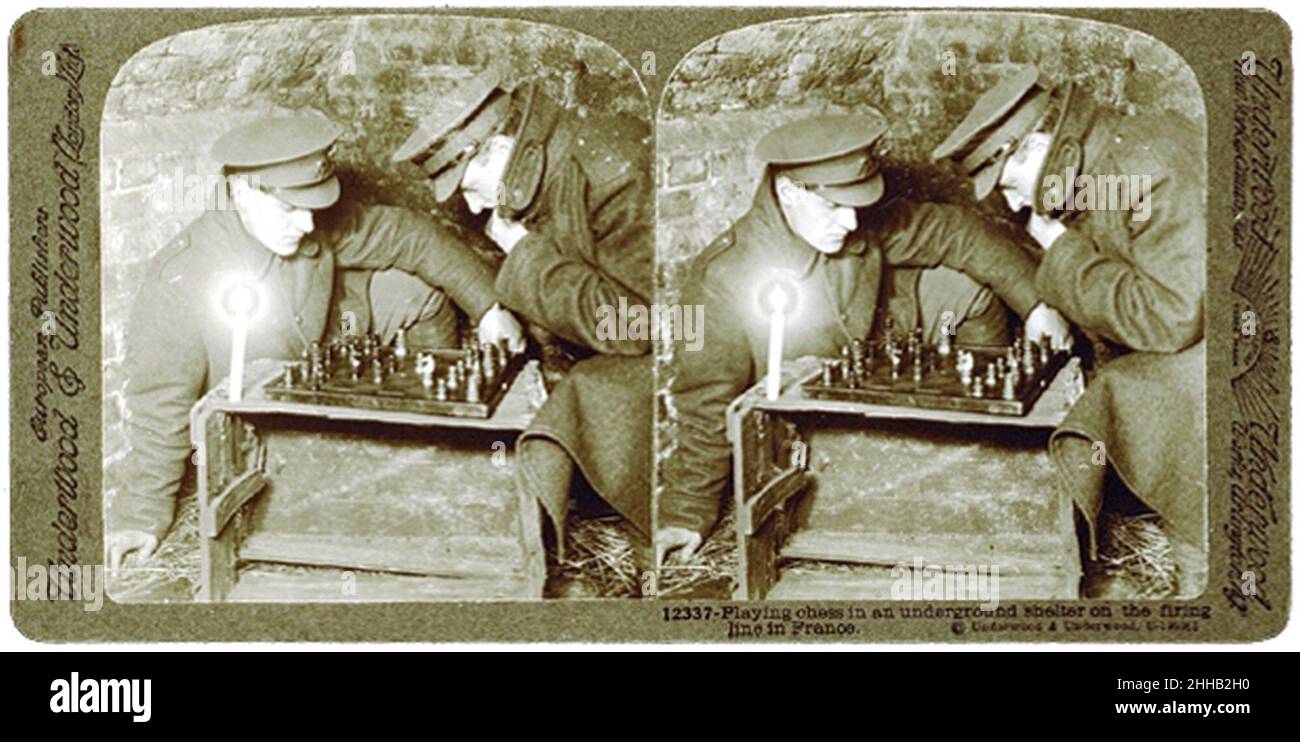 Soldiers playing chess in an underground shelter on the firing line in ...